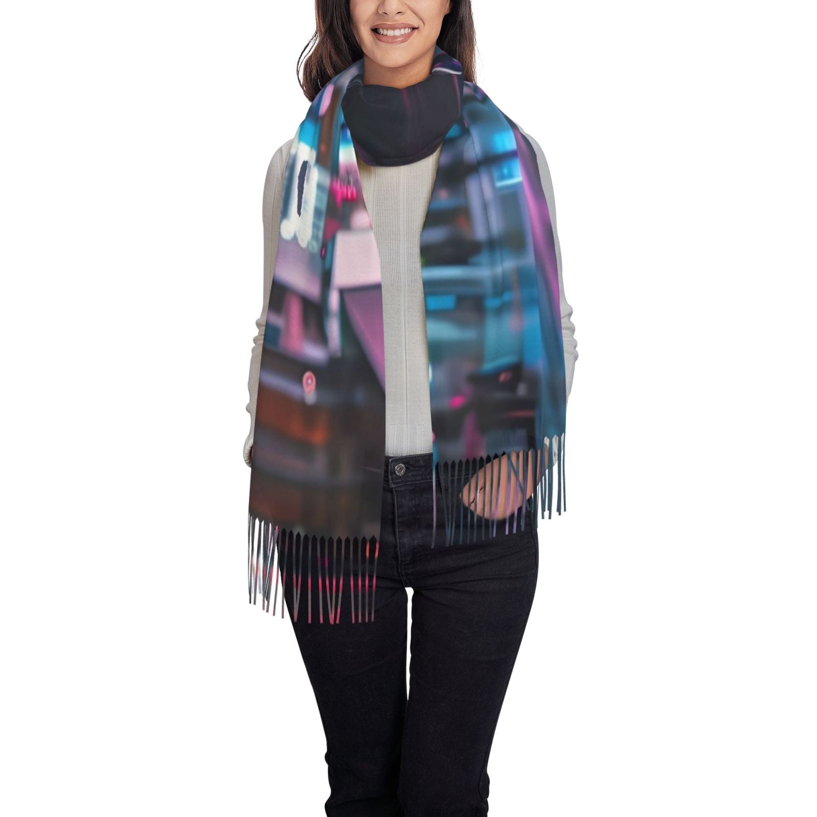 Fotbe Neon Night Cityscape Print Womens Fall Winter Scarf Tassel Soft ...