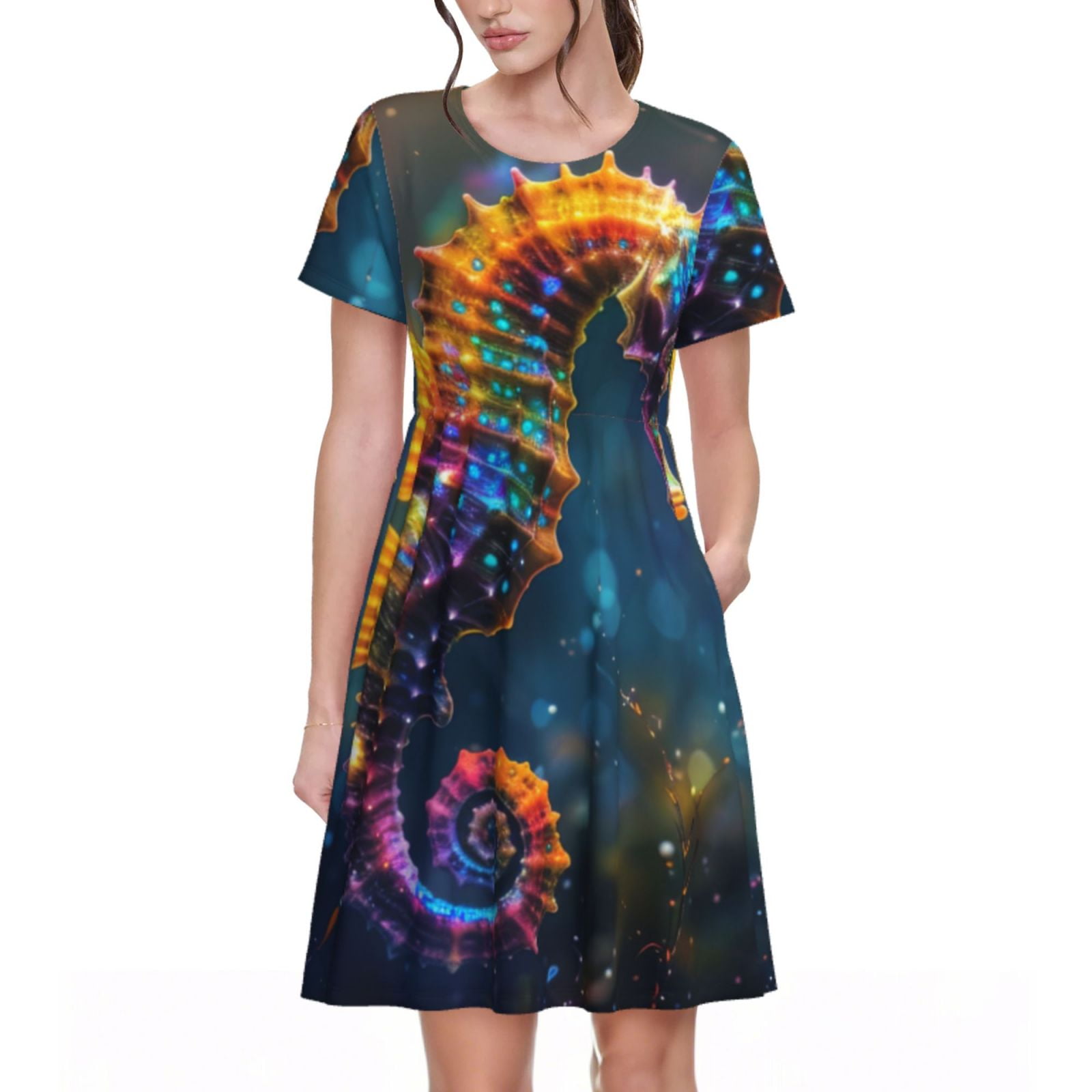 Fotbe Neon Seahorse Underwater Realm Pattern Dress Casual Womens ...