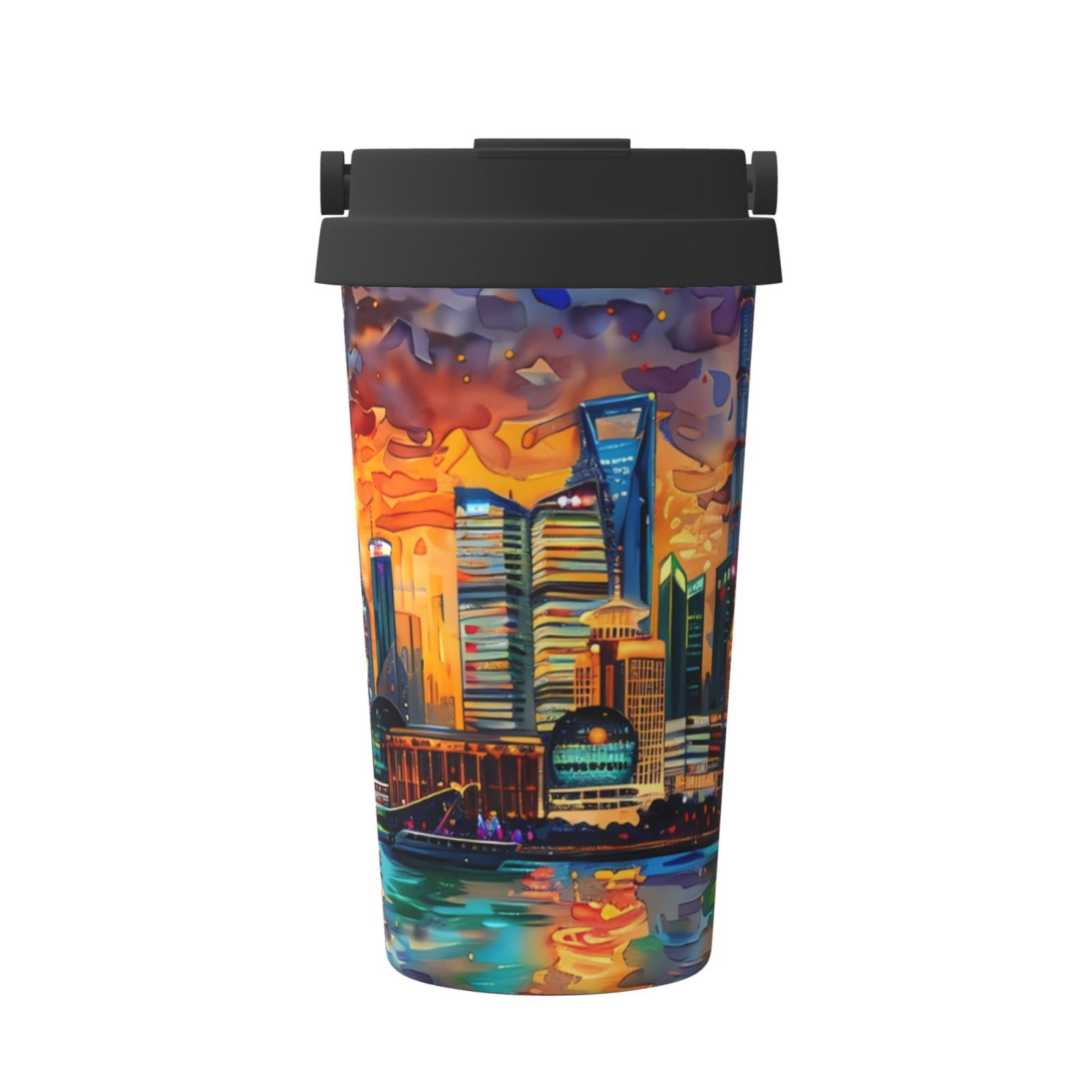 Fotbe Neon Shanghai Cityscape Night Printed Insulated Travel Coffee Mug ...