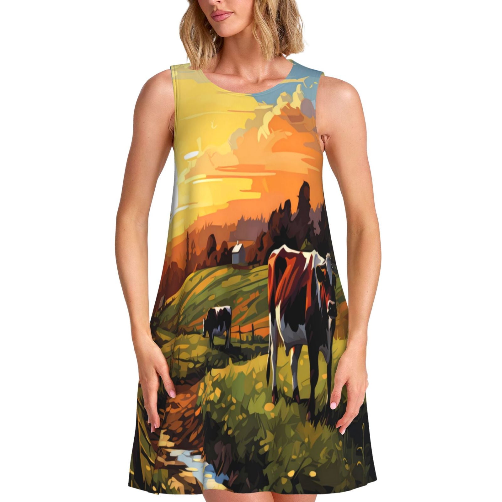 Fotbe Oil Painting Style Pasture Cow Pattern Women’s Summer Tank Midi ...
