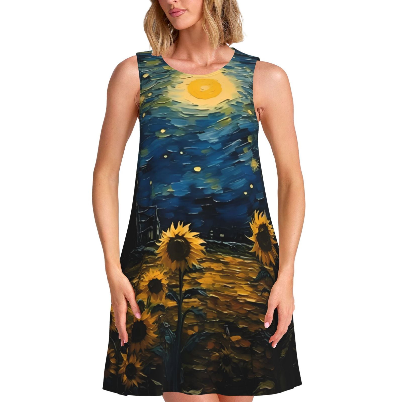 Fotbe Oil Starry Sky Sunflower Pattern Women’s Summer Tank Midi Dress ...