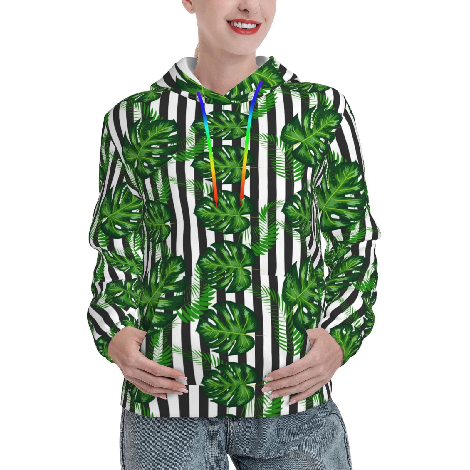 Fotbe Palm Greenery Pattern Womens Long Sleeve Hoodie, Pullover Hooded ...