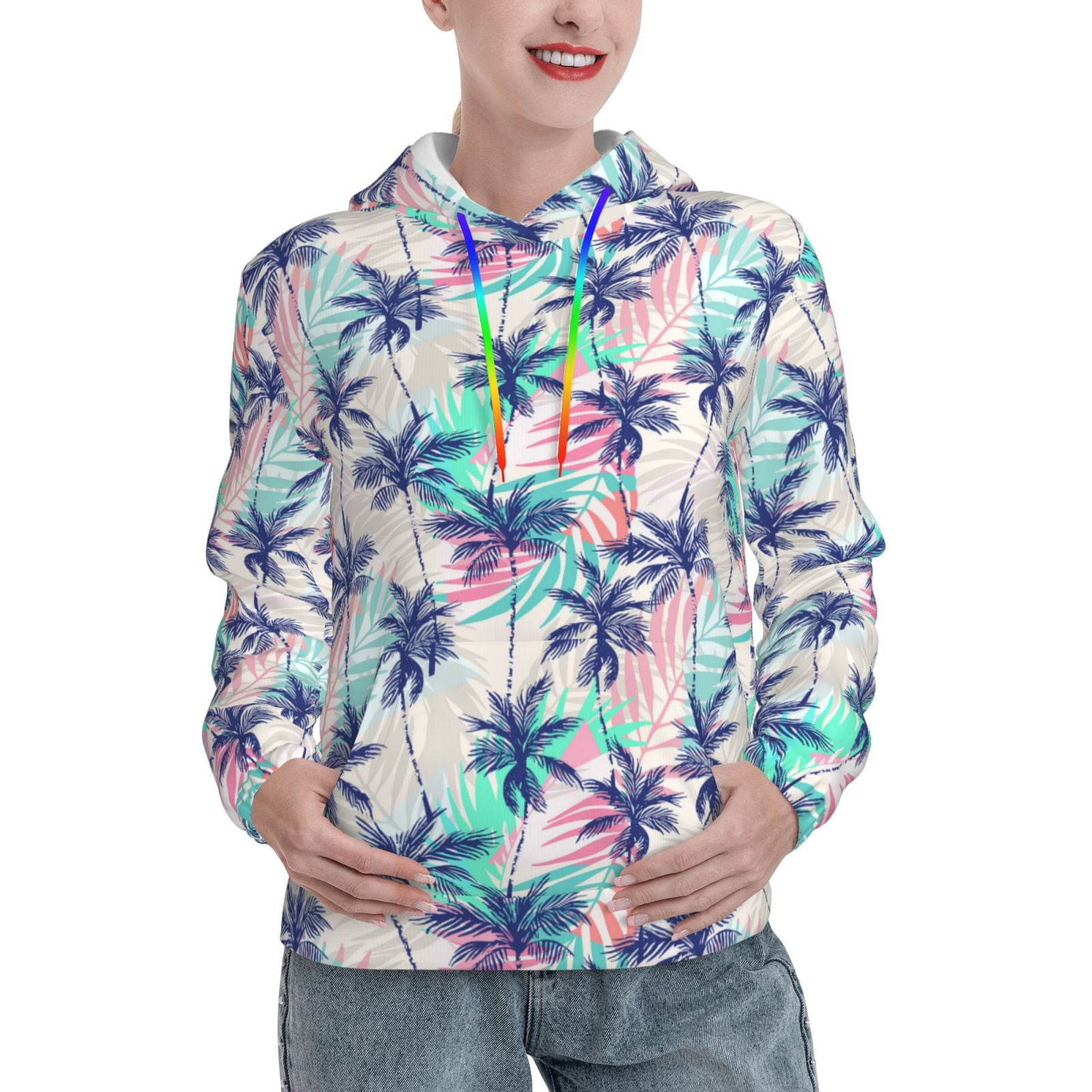 Fotbe Palm Leaves Pattern Womens Long Sleeve Hoodie, Pullover Hooded ...