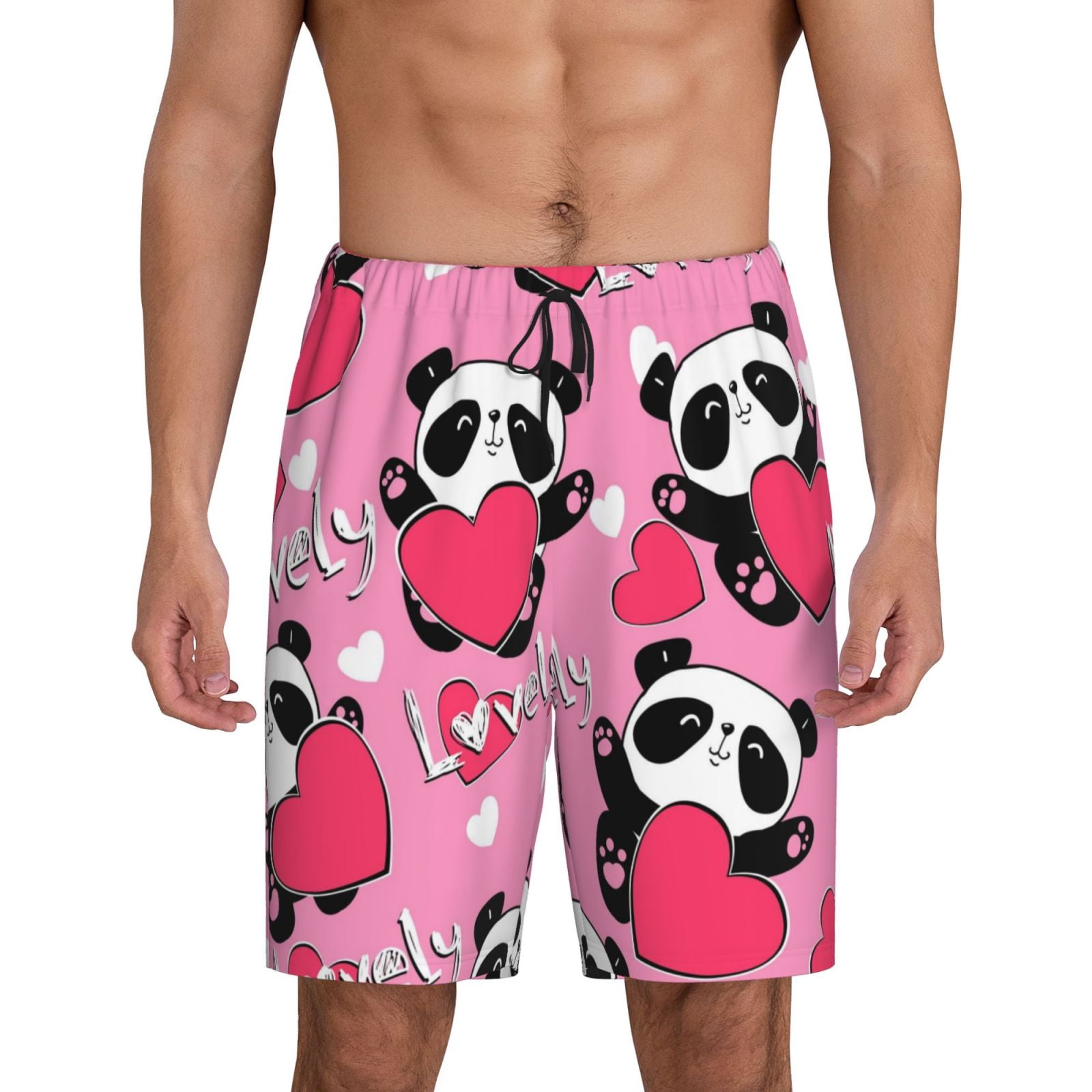 Fotbe Panda Heart Valentine Pink Pajama Shorts for Men, Men's Pajama ...