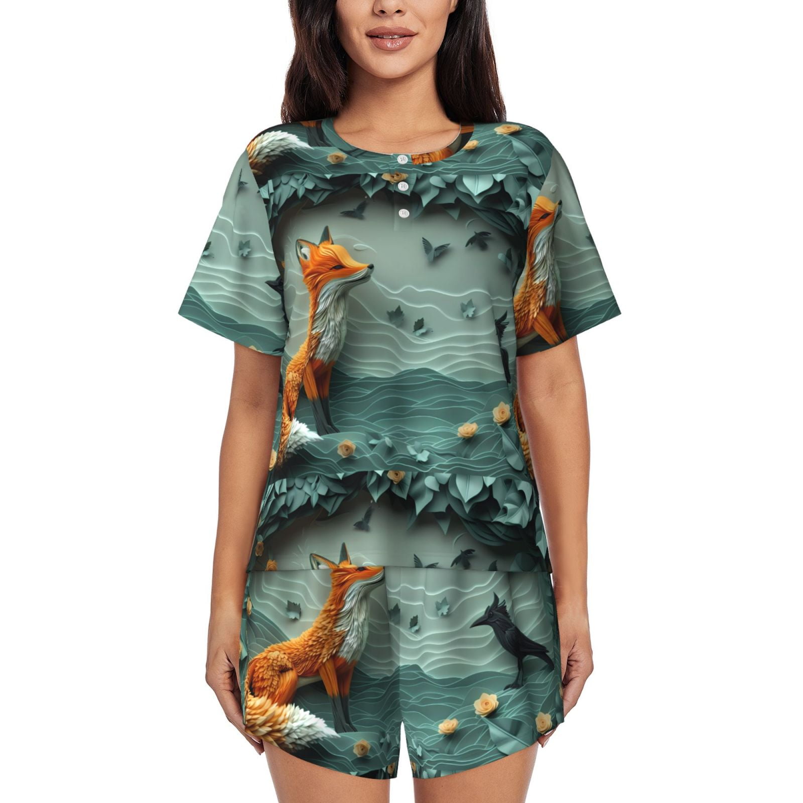 Fotbe Paper Fox Crow Fantasy Print Pajama Set for Women 2 Piece ...