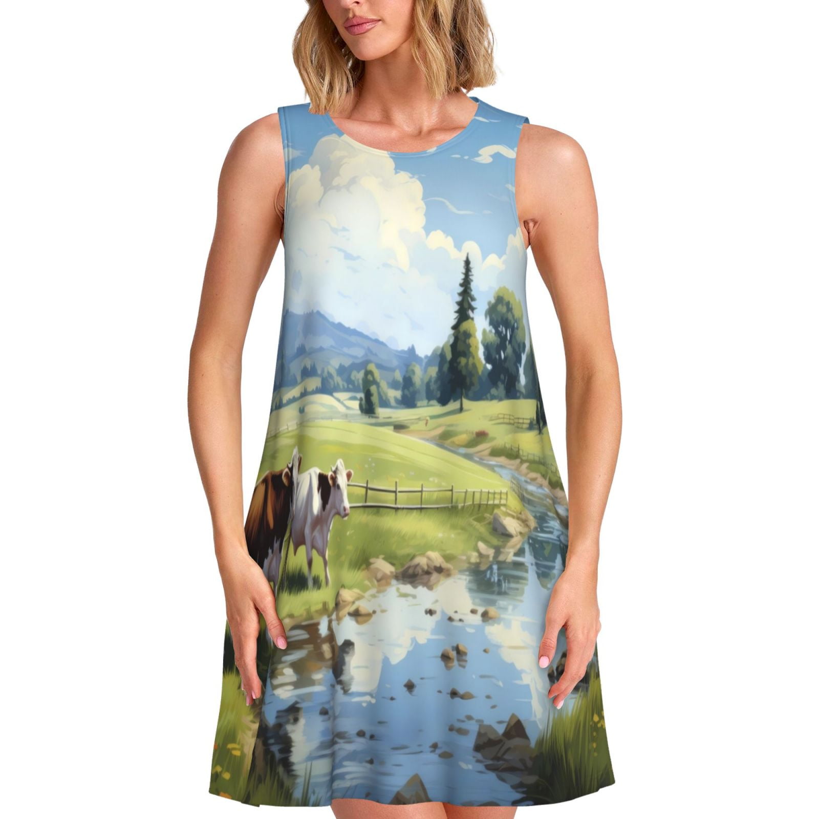 Fotbe Pasture Cow Pattern Women’s Summer Tank Midi Dress – Sleeveless A ...