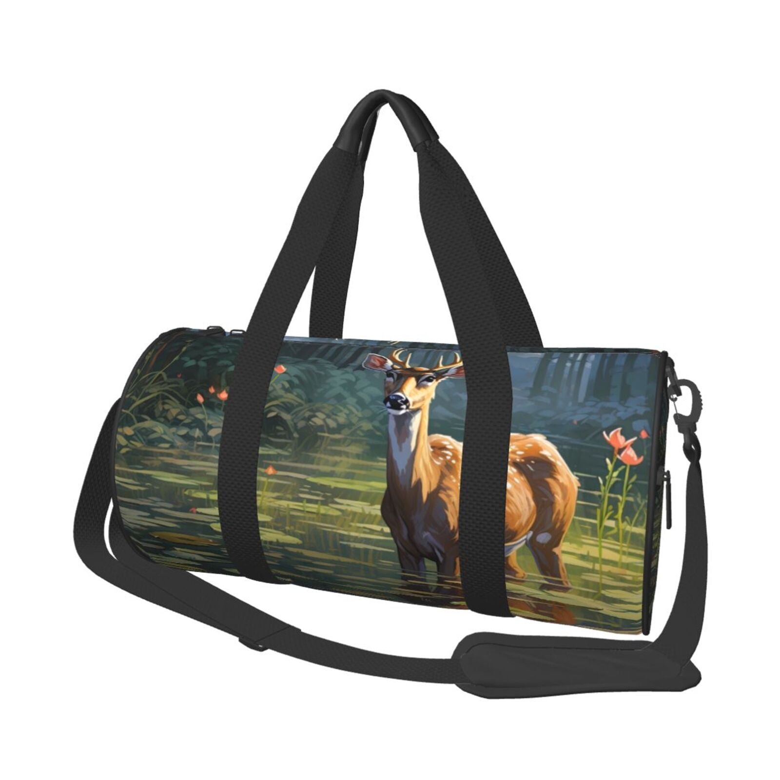 Fotbe Peaceful Deer Lily Pond Pattern Foldable Sports Gym Bag with Wet ...