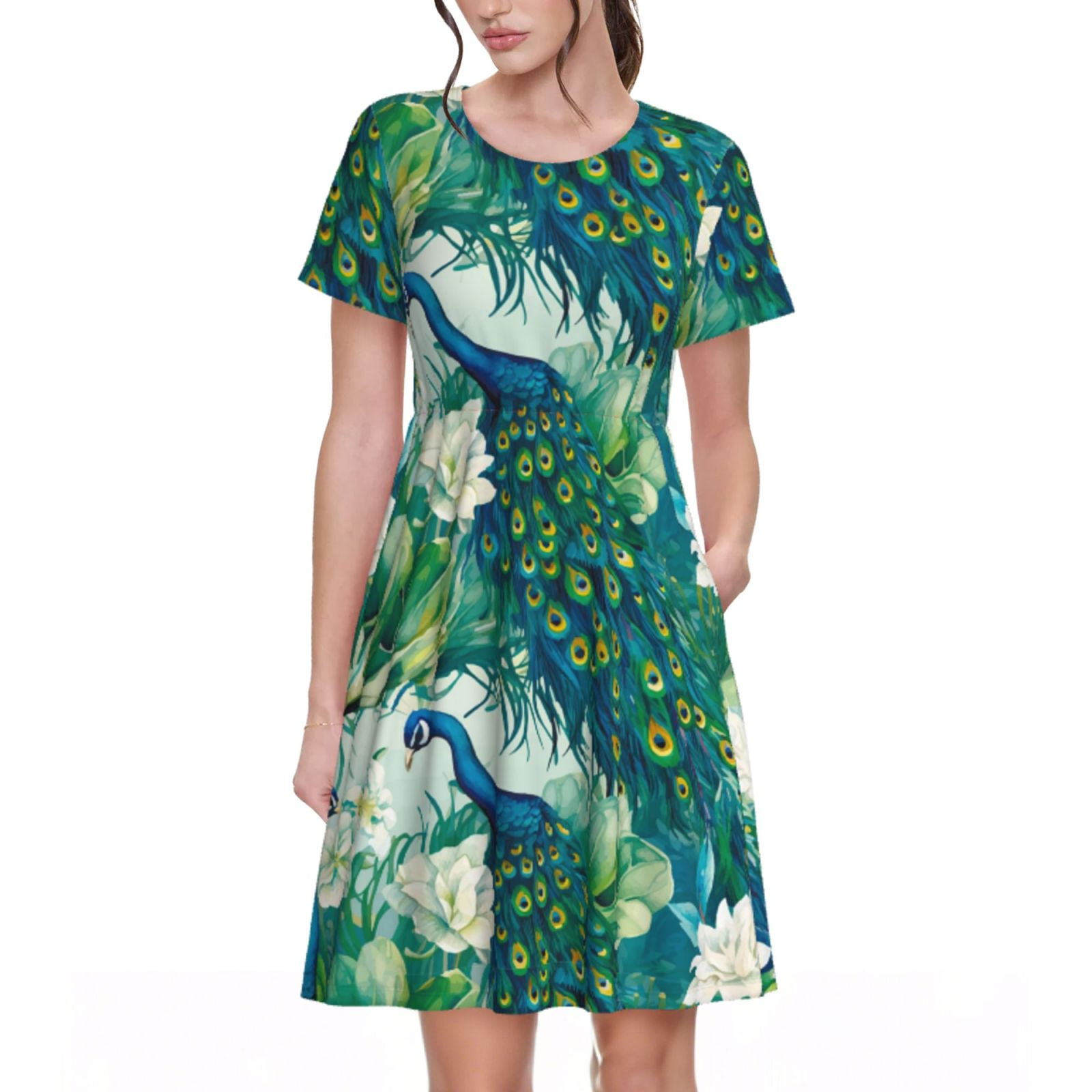 Fotbe Peacock And Flowers Pattern Dress Casual Womens Fashion Short ...