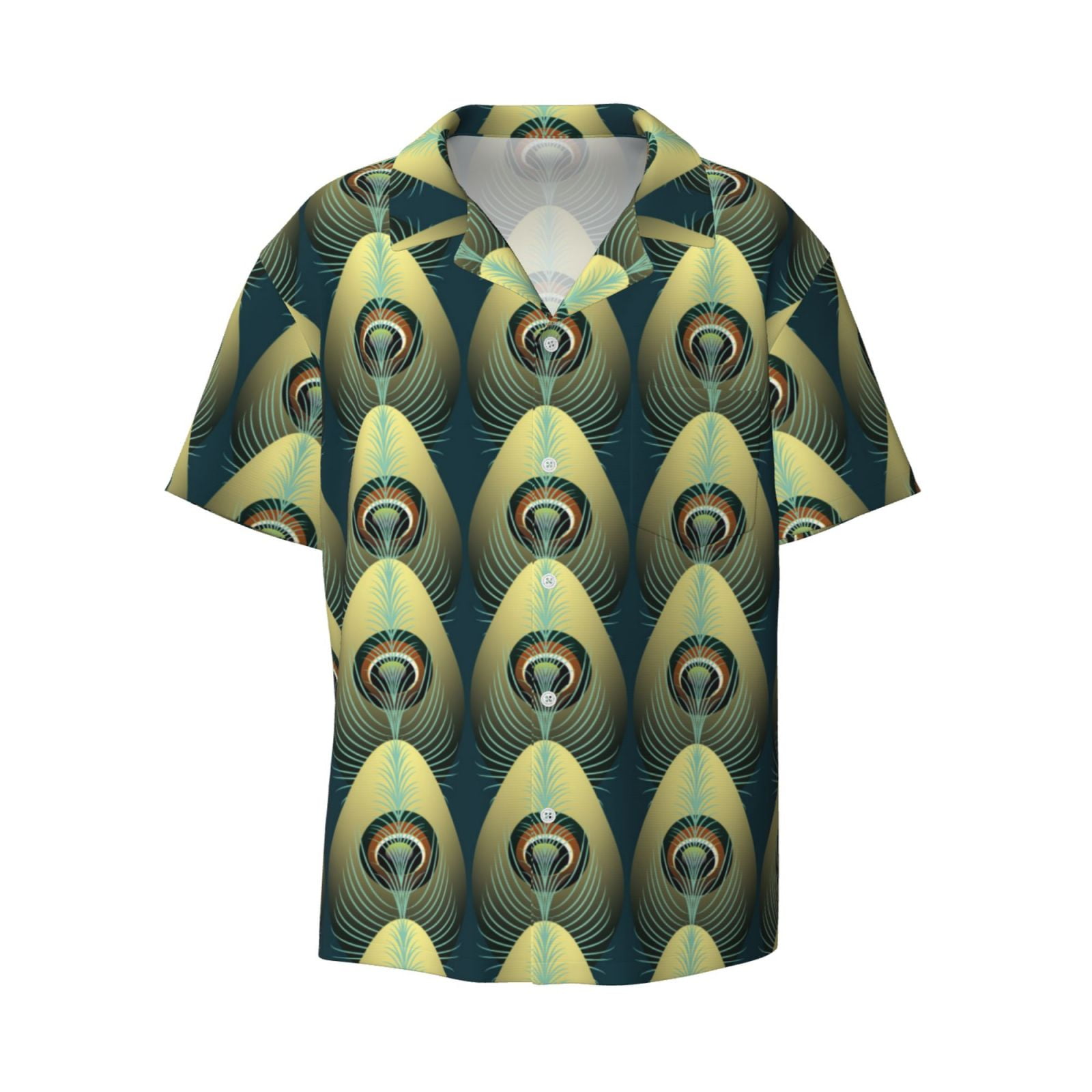 Fotbe Peacock Gold Feather print Short Sleeve Button Down Shirts for ...