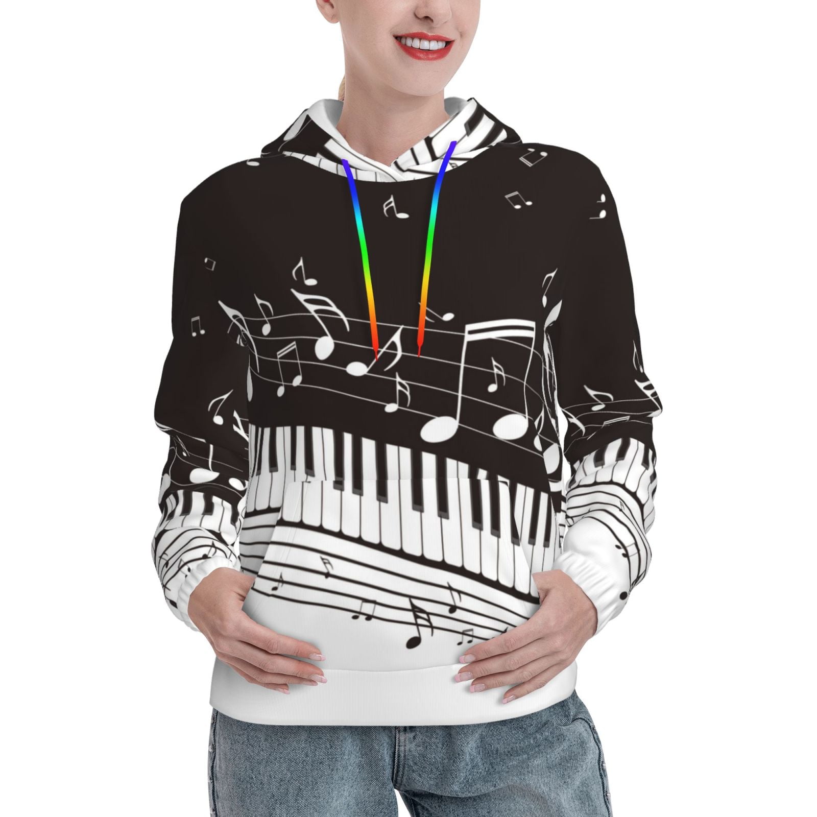 Fotbe Piano Keys With Musical Notes Pattern Womens Long Sleeve Hoodie ...