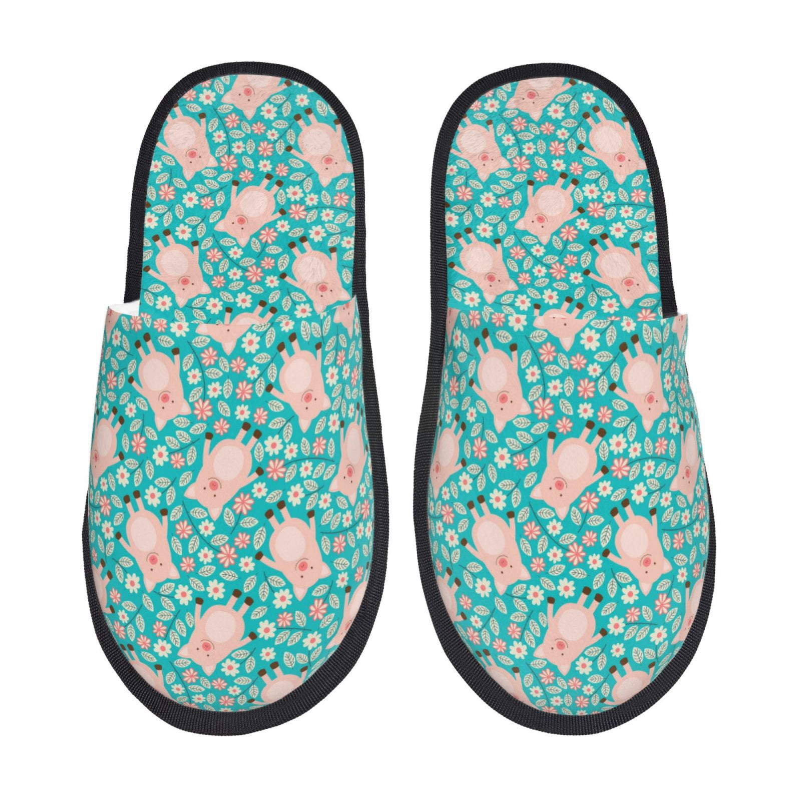 Fotbe Pig And Flower Pattern Women's Fuzzy Slippers Plush Slippers ...
