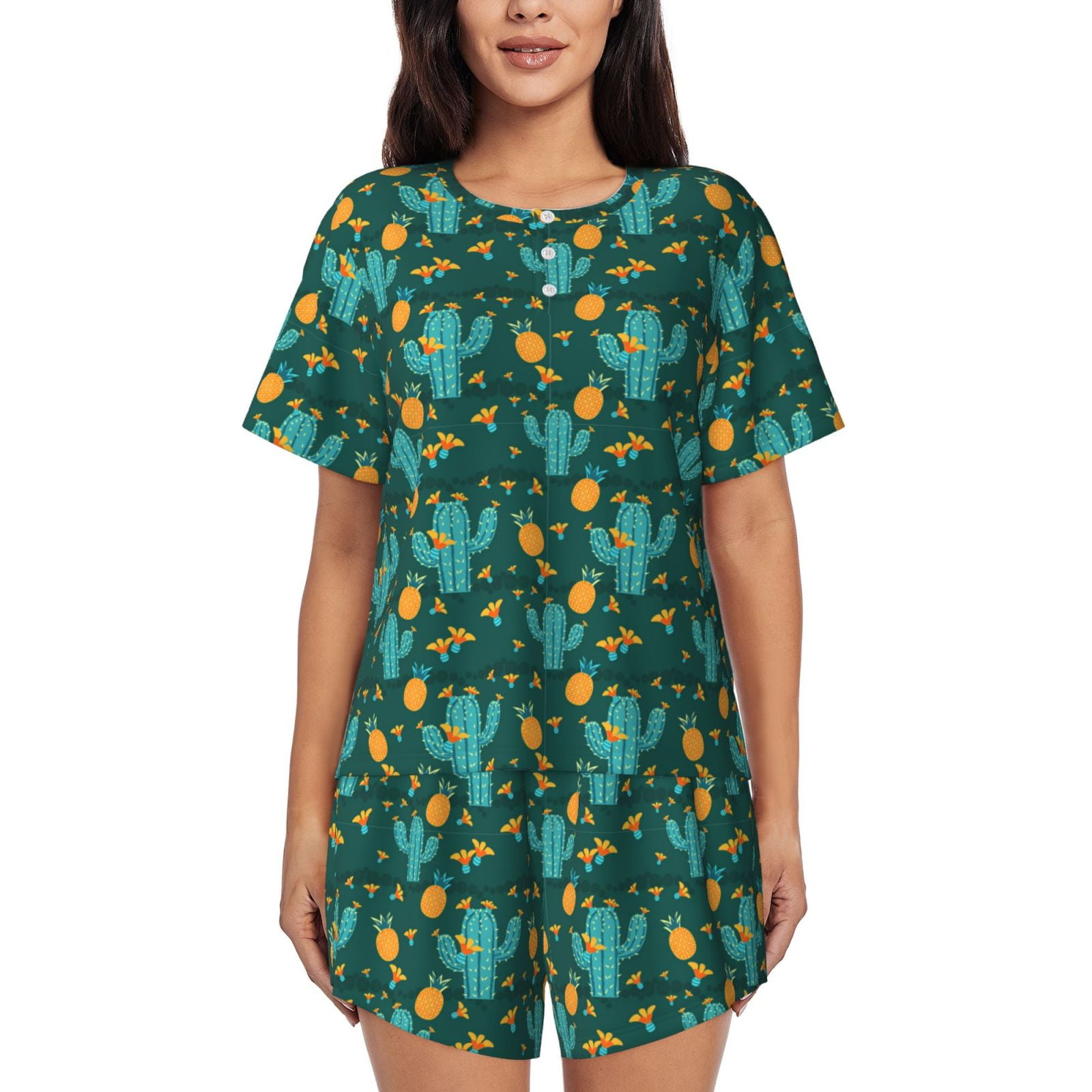 Fotbe Pineapple And Cactus Print Pajama Set for Women 2 Piece ...