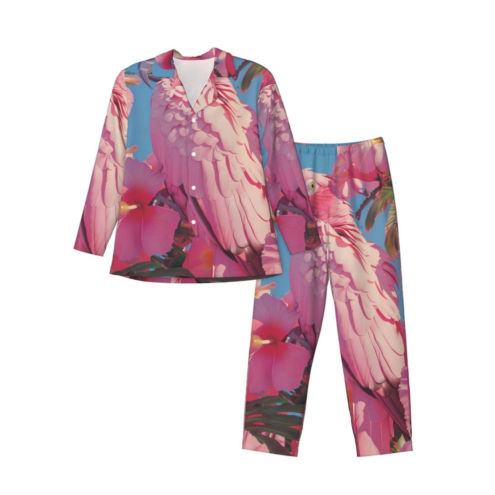 Fotbe Pink Parrot Tropical Blossoms Pattern Long Sleeve Pajama Set for ...
