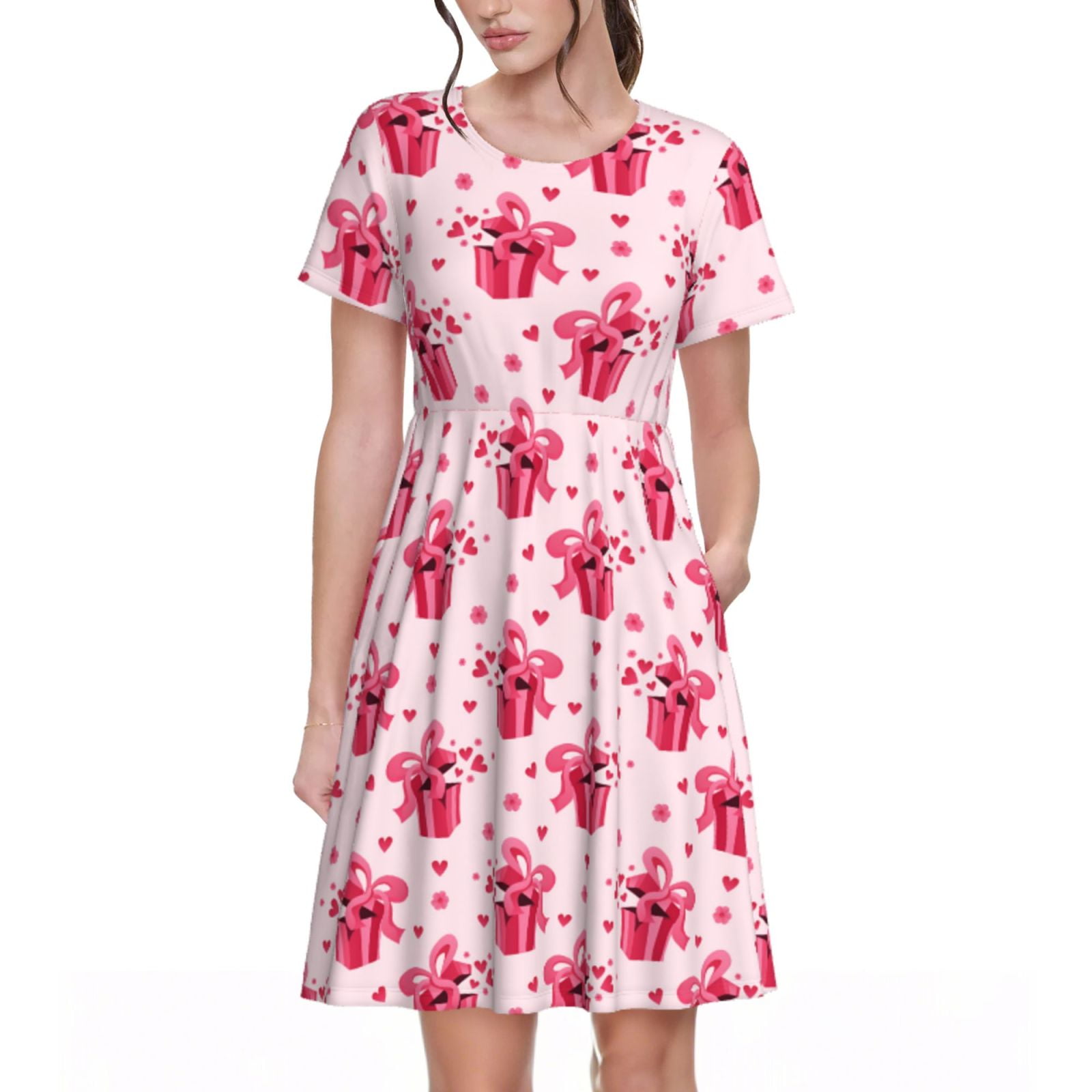 Fotbe Pink gift with ribbon Pattern Dress Casual Womens Fashion Short ...