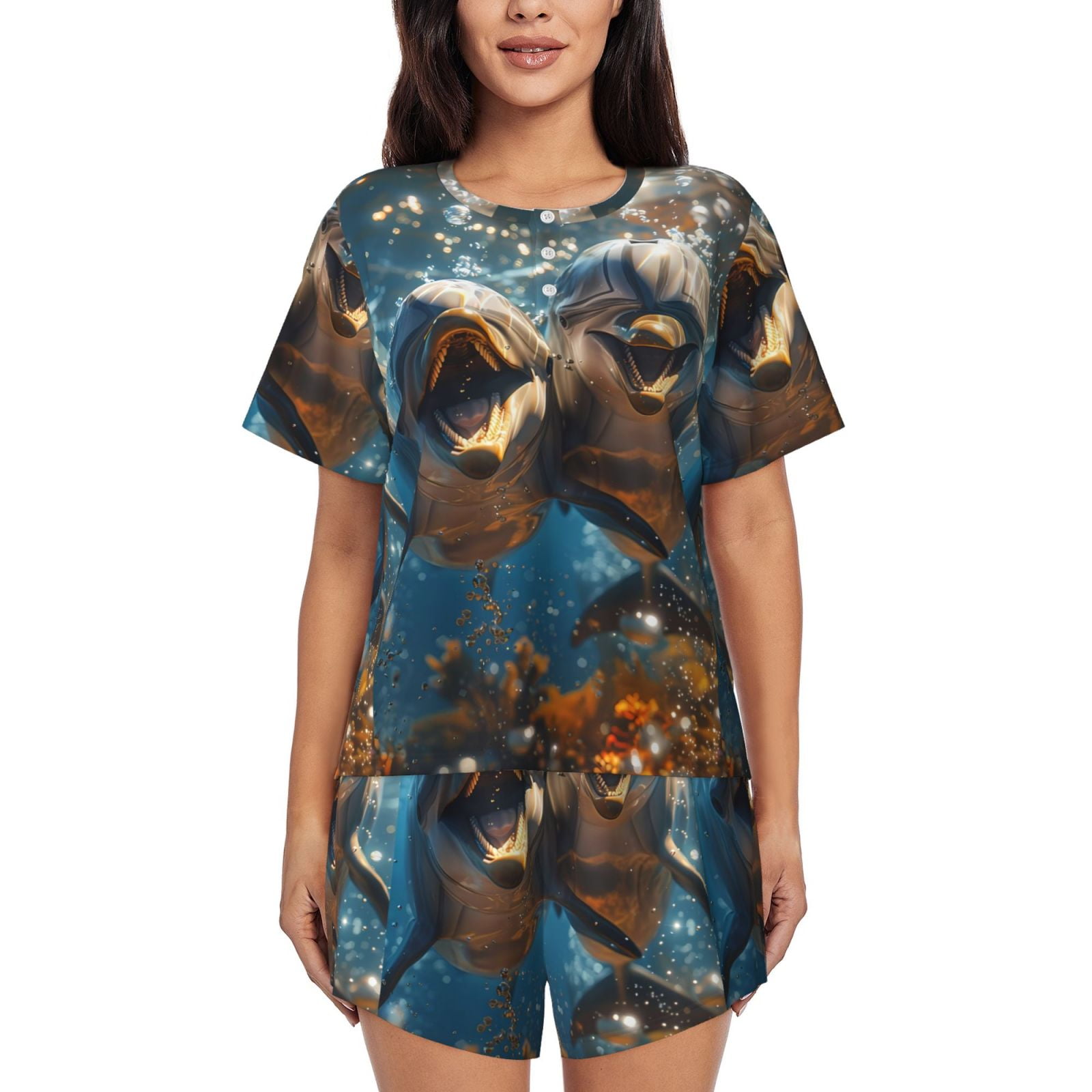 Fotbe Playful Dolphins Underwater Print Pajama Set for Women 2 Piece ...