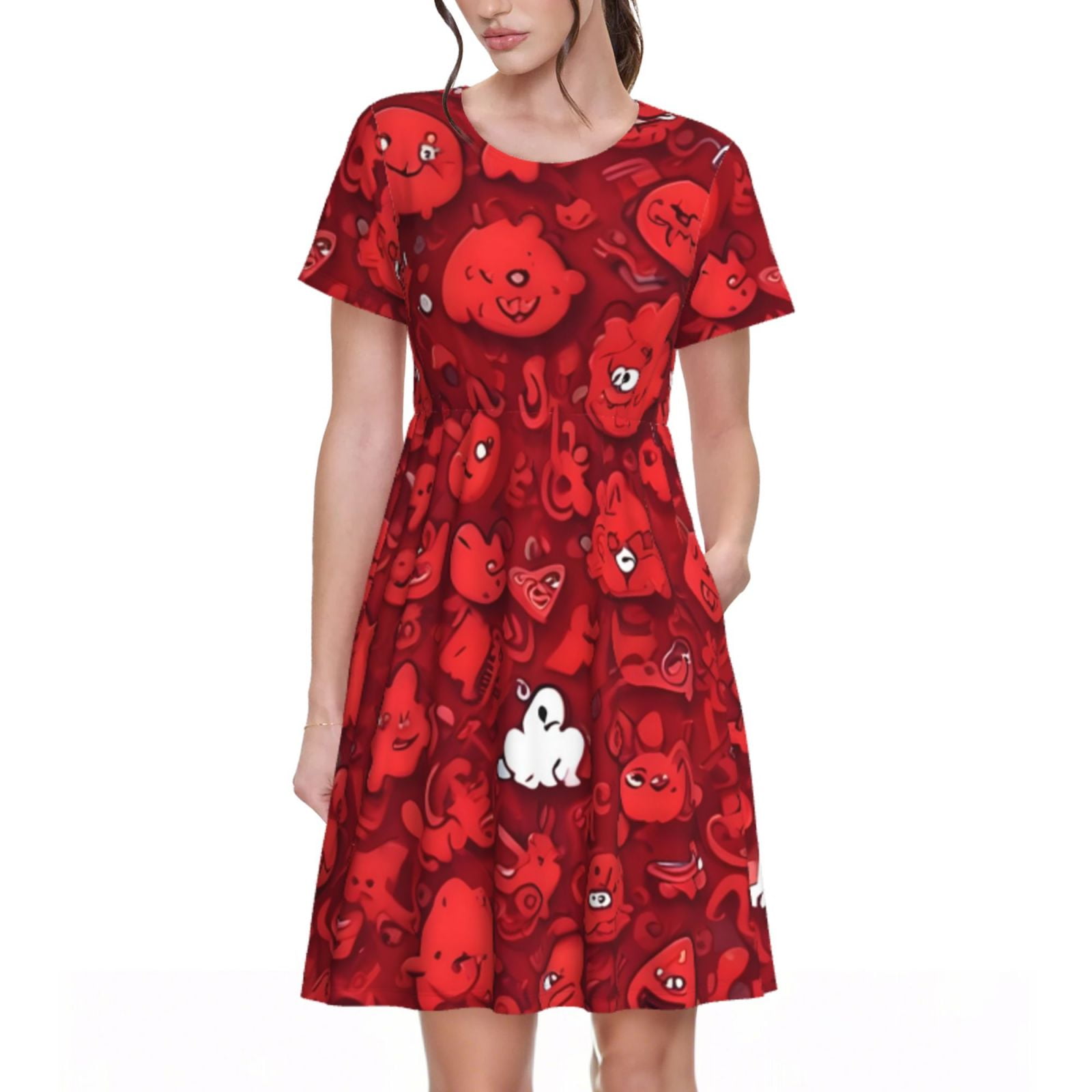 Fotbe Playful Red Cartoon Faces Pattern Dress Casual Womens Fashion ...
