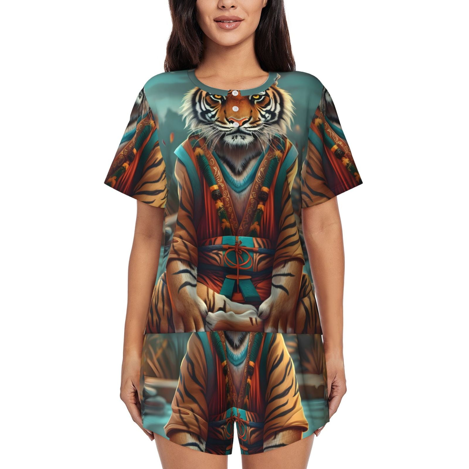 Fotbe Pond Meditating Tiger Print Pajama Set for Women 2 Piece ...