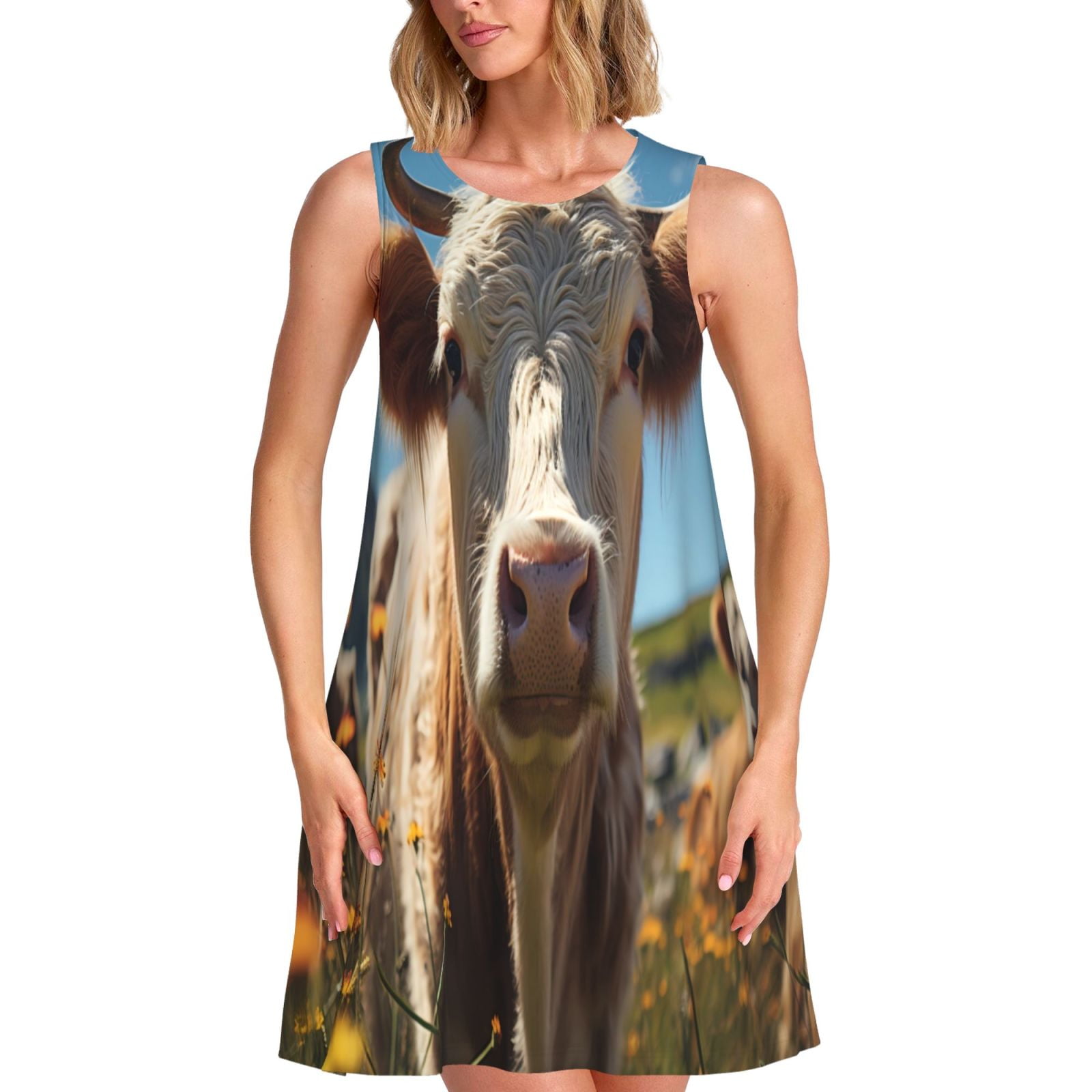 Fotbe Prairie Flower Cow Pattern Women’s Summer Tank Midi Dress ...