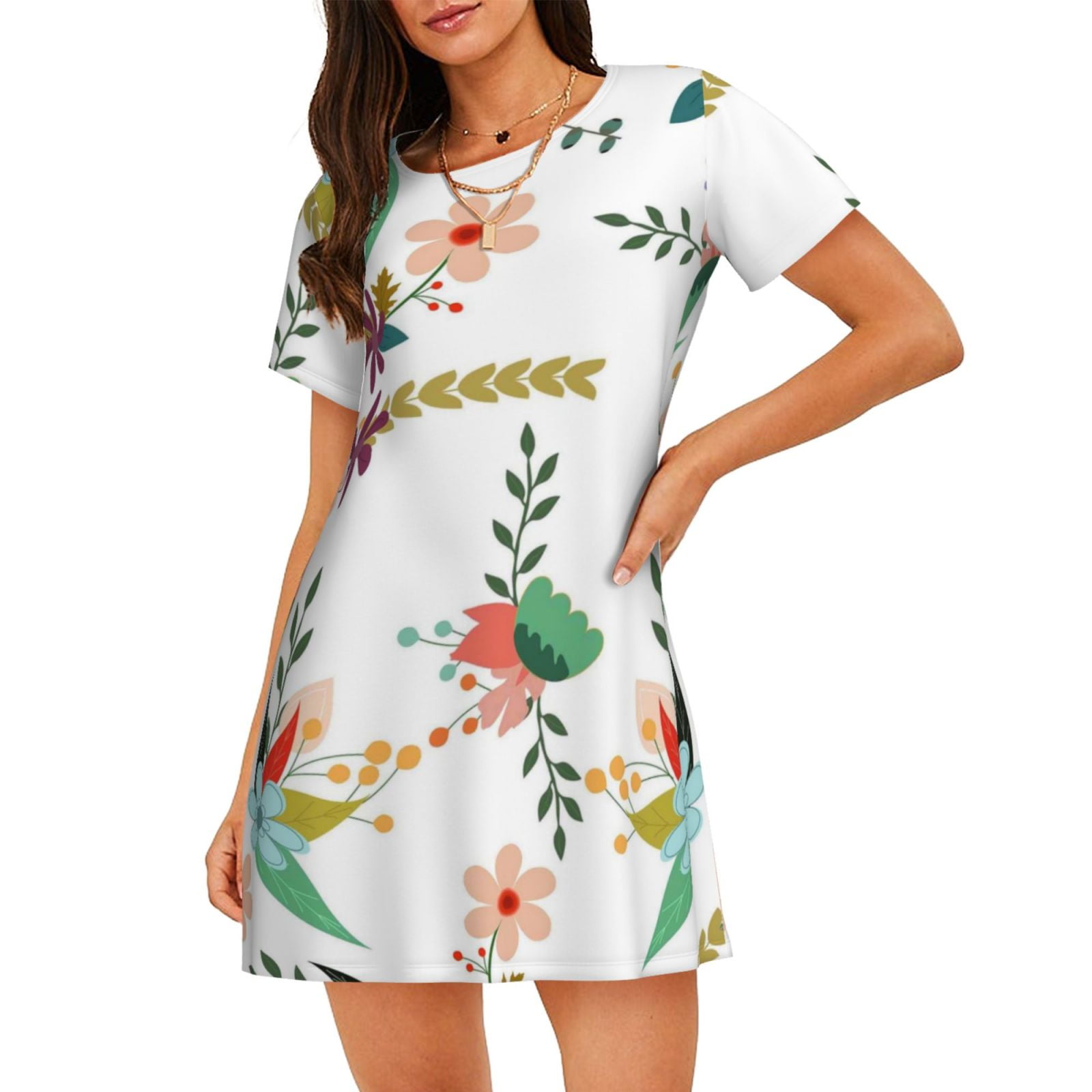 Fotbe Pretty Floral With Leaves Pattern Women's Cotton Nightgown Sleepwear Short Sleeves Shirt ...