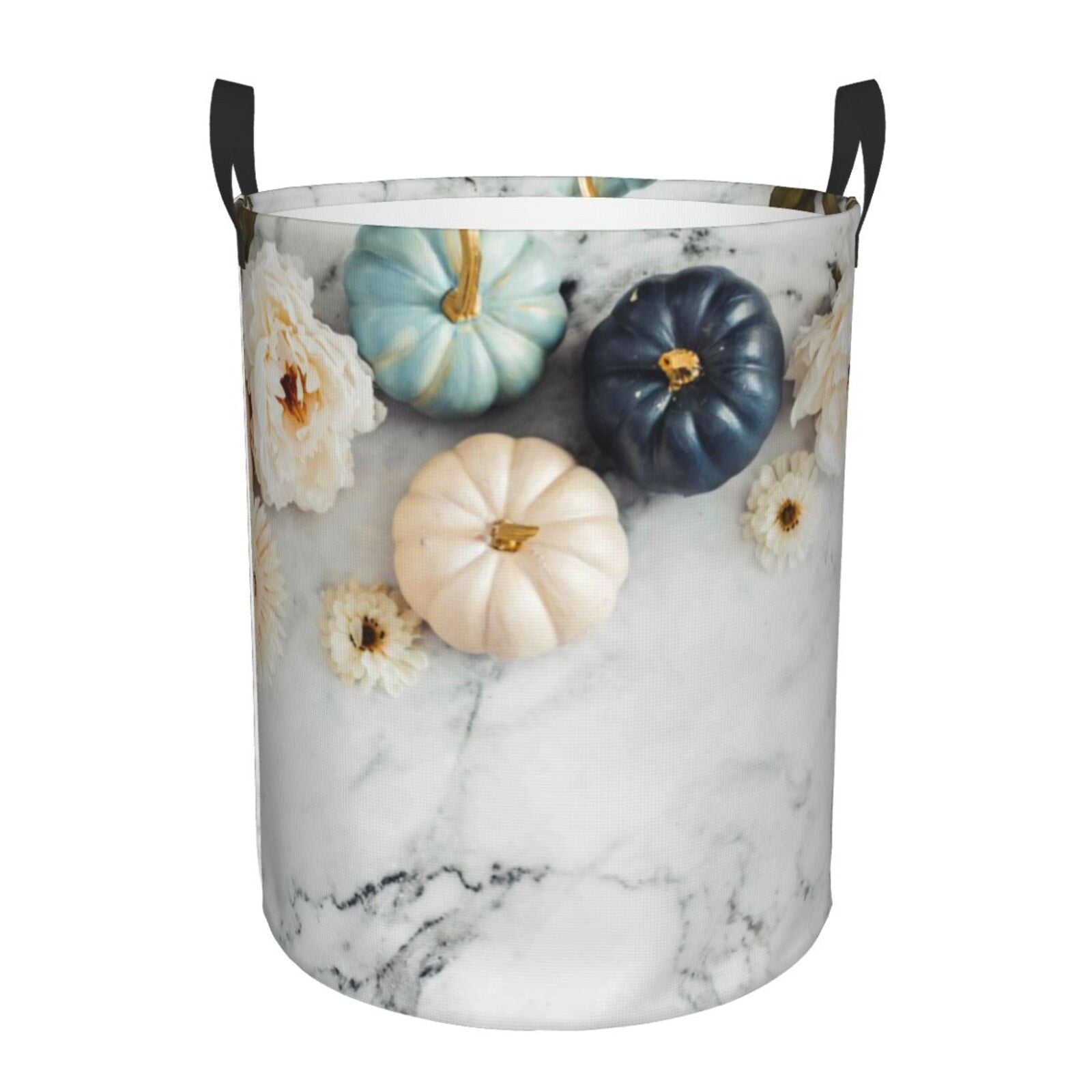 Fotbe Pumpkin And White Marble Laundry Basket with Handles, Waterproof Large Laundry Hamper ...