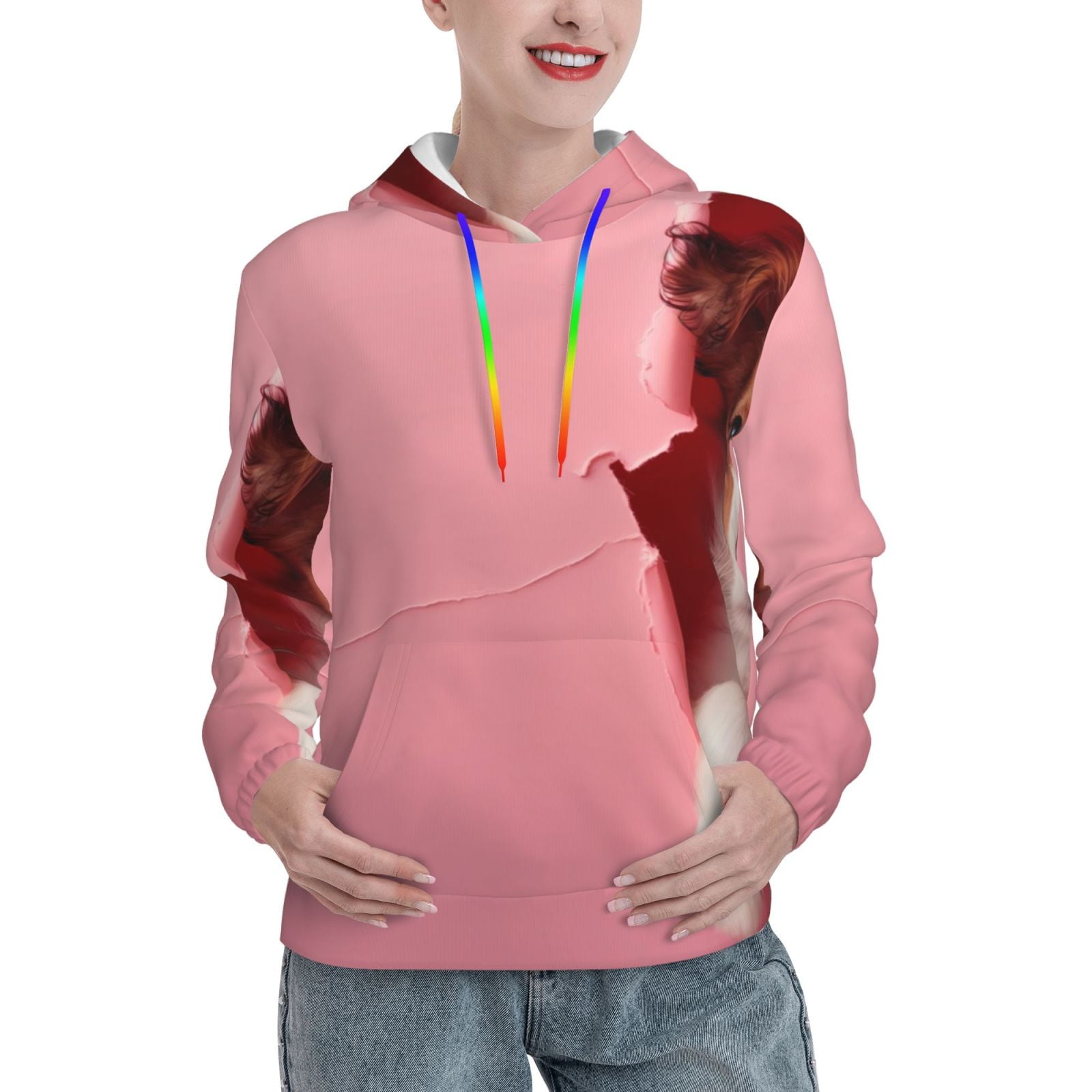 Fotbe Puppy Peeking Through Pink Pattern Womens Long Sleeve Hoodie ...