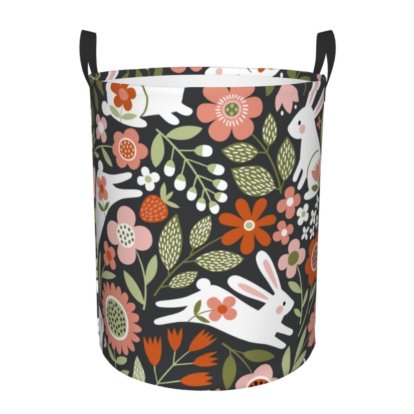 Fotbe Rabbits on Floral Laundry Basket with Handles, Waterproof Large ...