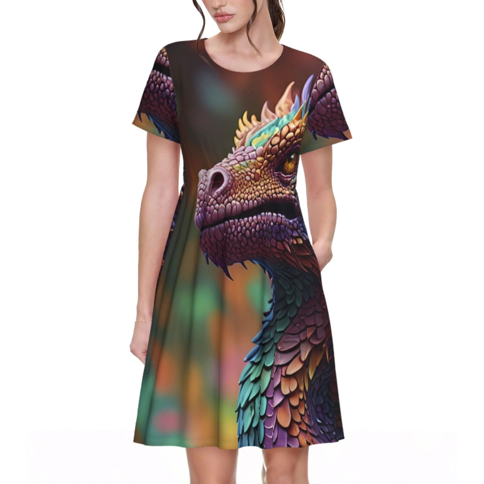 Fotbe Rainbow Scales Fantasy Dragon Pattern Dress Casual Womens Fashion ...