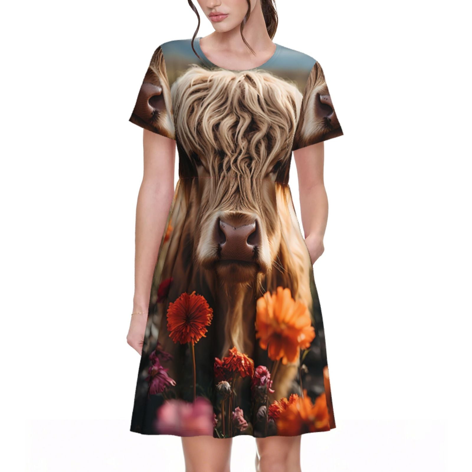 Fotbe Realistic Flower Cow Pattern Dress Casual Womens Fashion Short ...