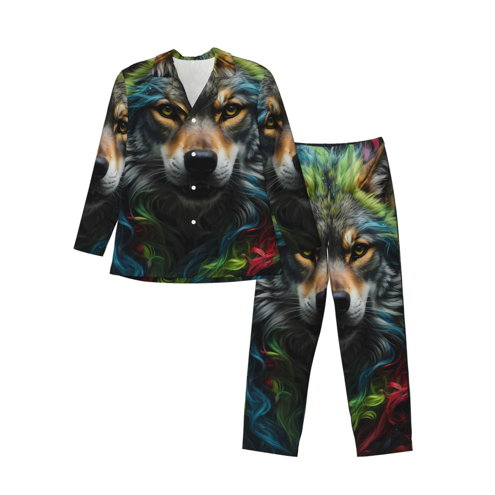 Fotbe Realistic Style Colorful Wolf Pattern Long Sleeve Pajama Set for ...