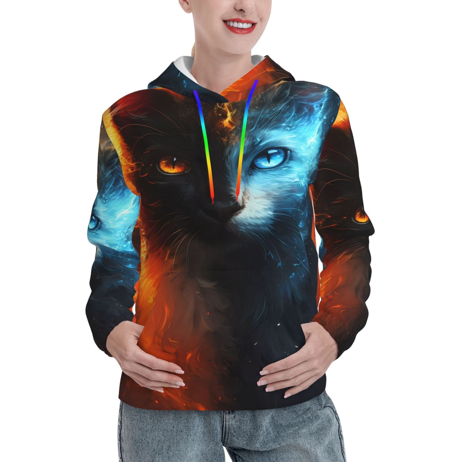 Fotbe Red And Blue Fire Cat Pattern Womens Long Sleeve Hoodie, Pullover ...