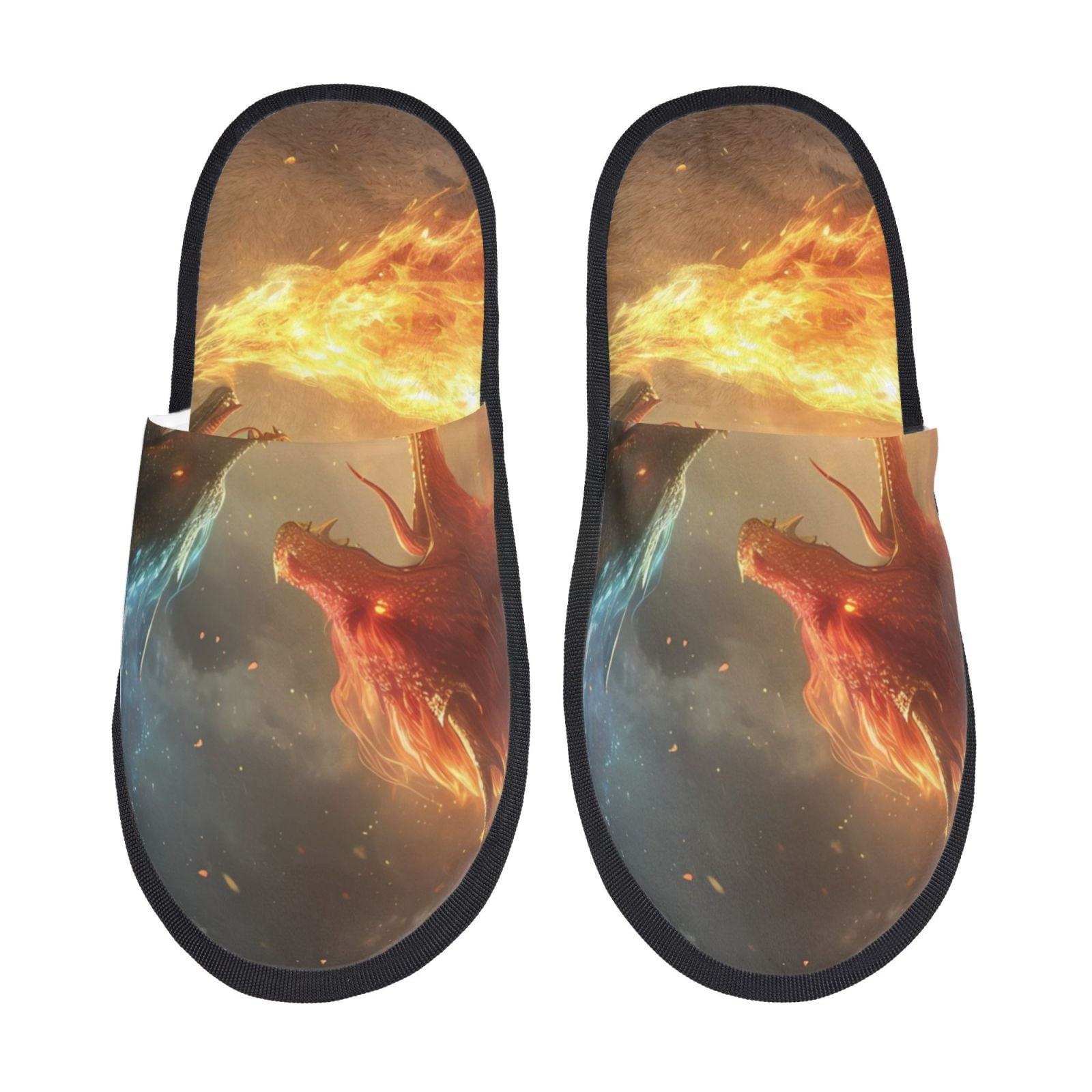 Fotbe Red And Blue Fire Dragon B Pattern Women's Fuzzy Slippers Plush ...