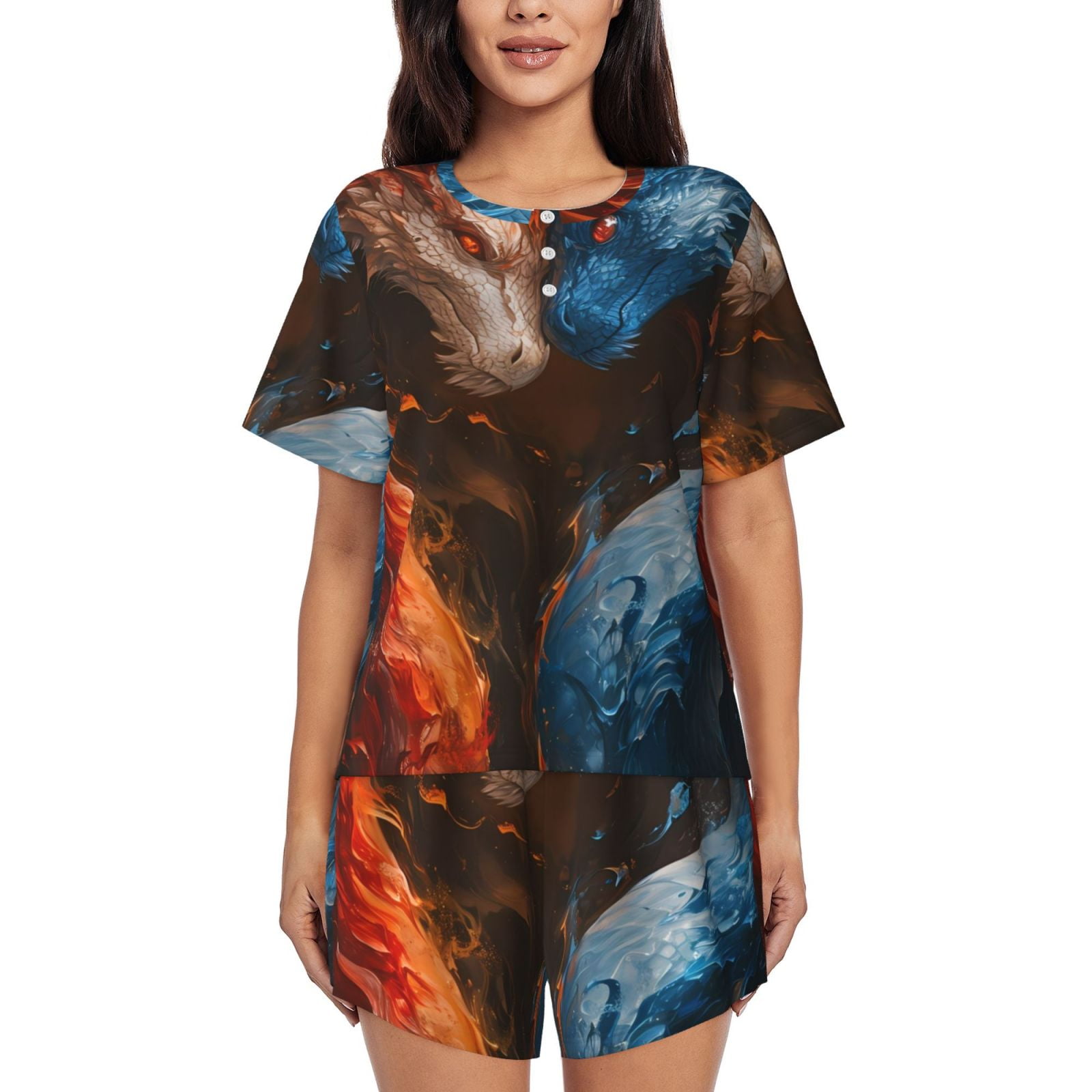 Fotbe Red And Blue Fire Dragon F Print Pajama Set for Women 2 Piece ...