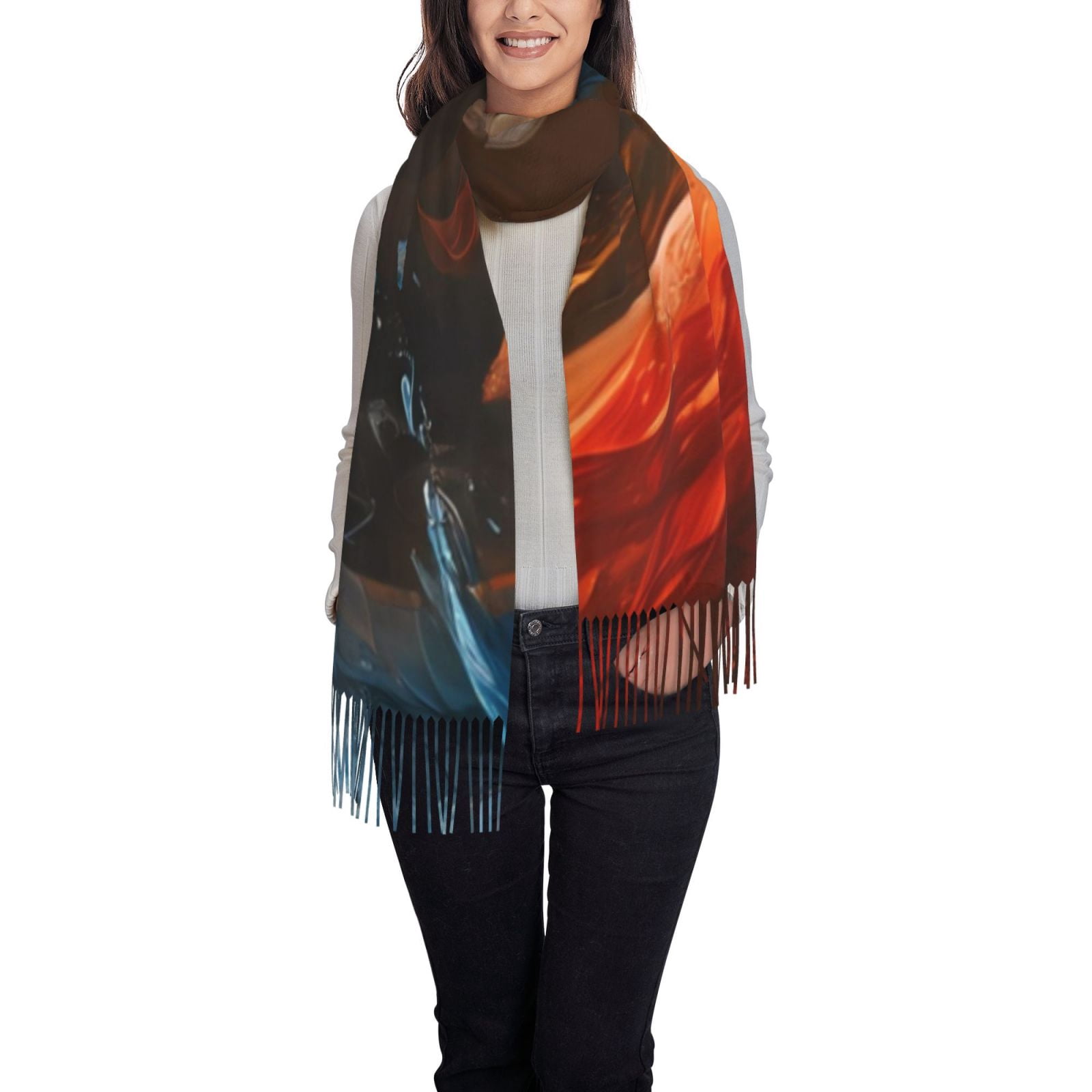 Fotbe Red And Blue Fire Dragon F Print Womens Fall Winter Scarf Tassel ...