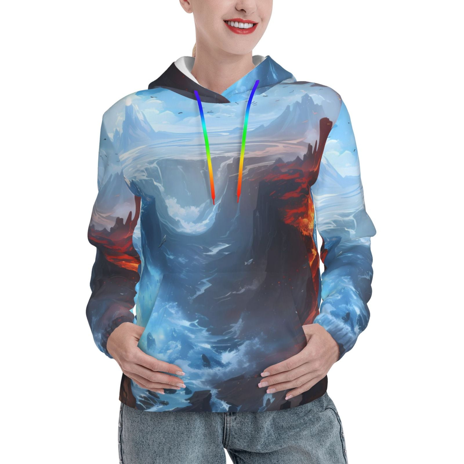 Fotbe Red And Blue Fire Mountains Pattern Womens Long Sleeve Hoodie ...