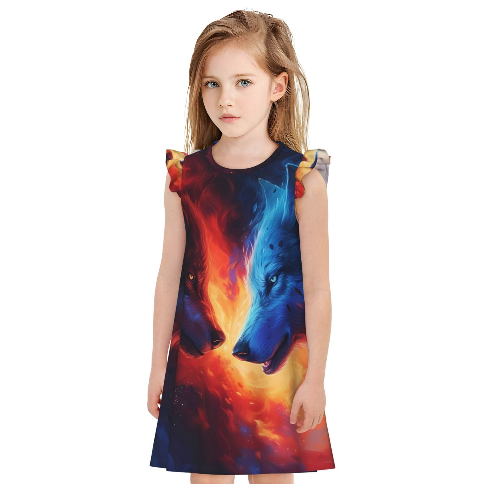 Fotbe Red And Blue Fire Wolf Pattern Girls Nightgowns 3-10 Years Short ...