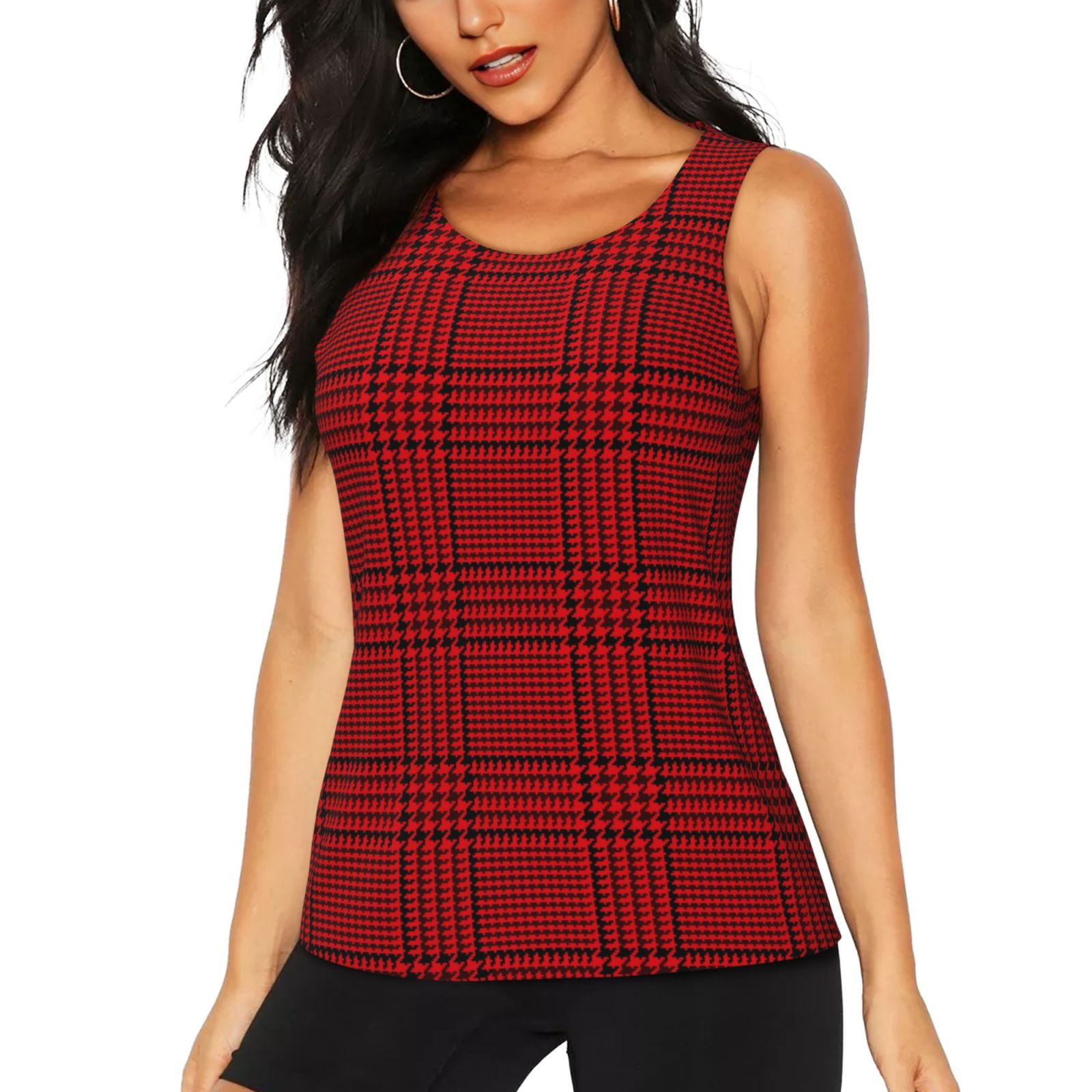 Fotbe Red Black Houndstooth Womens Loose Fit Casual Flowy Slim-Fit Tank ...