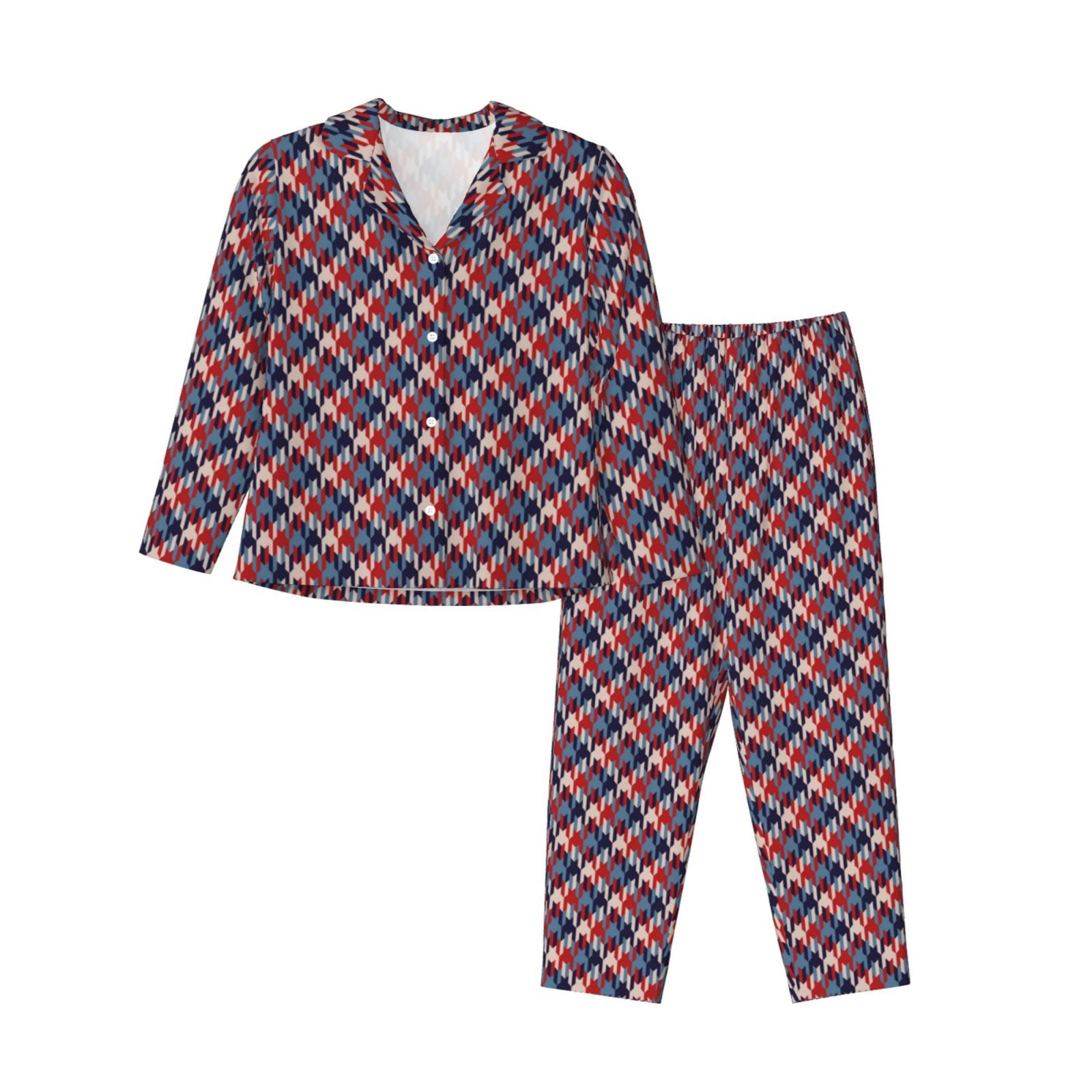 Fotbe Red Blue Checked Pattern Long Sleeve Pajama Set for Women ...