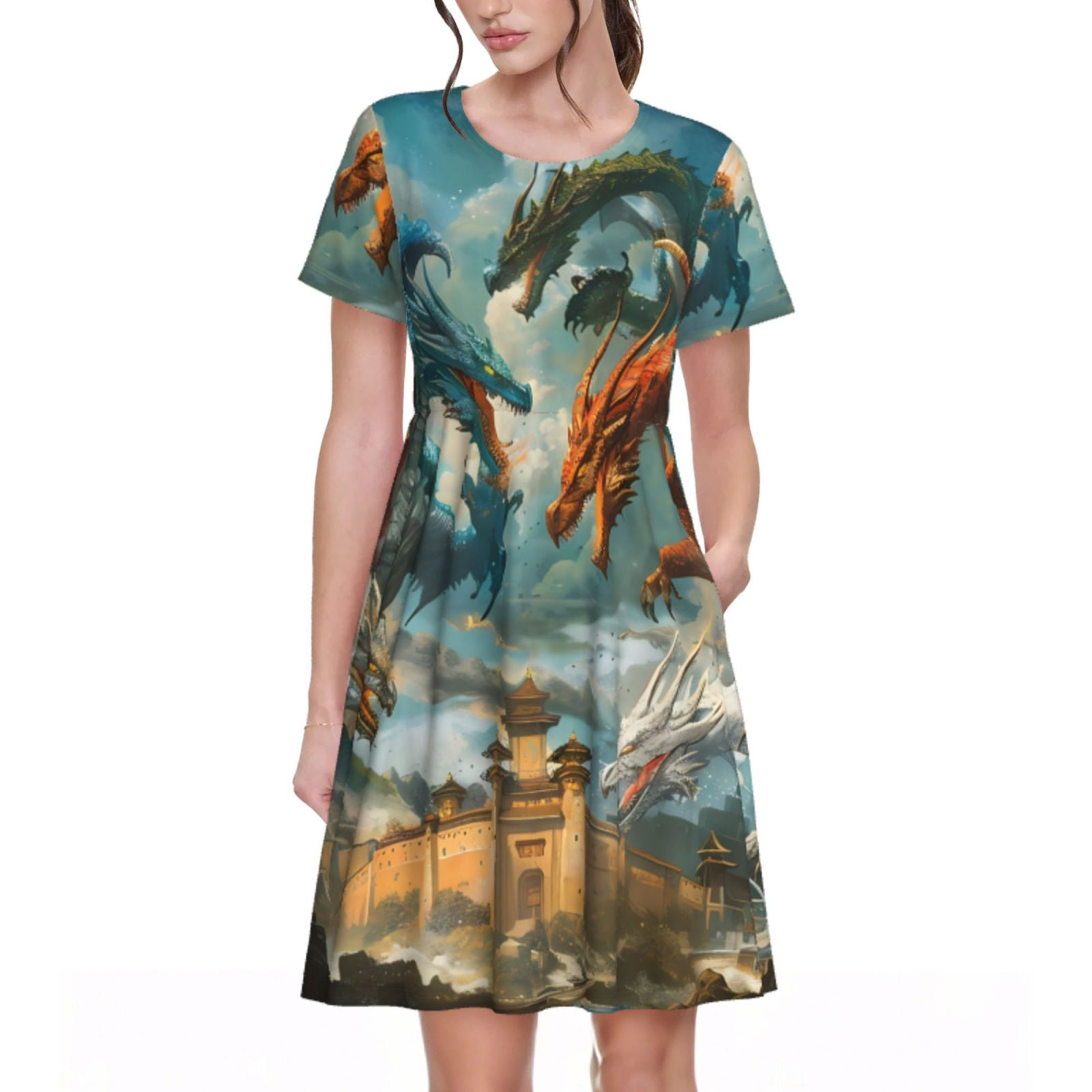 Fotbe Red Blue Dragon Battle Epic Pattern Dress Casual Womens Fashion ...