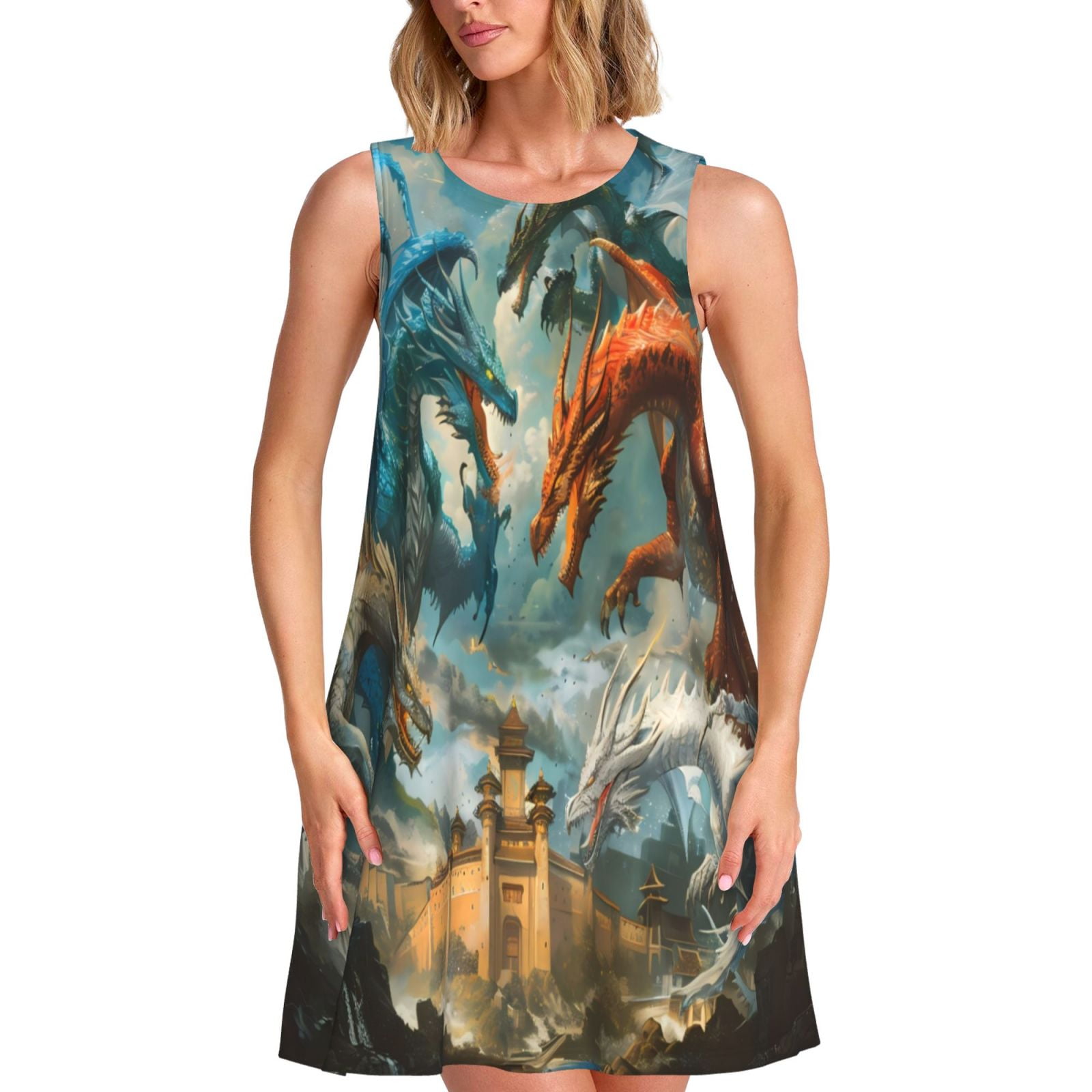 Fotbe Red Blue Dragon Battle Epic Pattern Women’s Summer Tank Midi ...