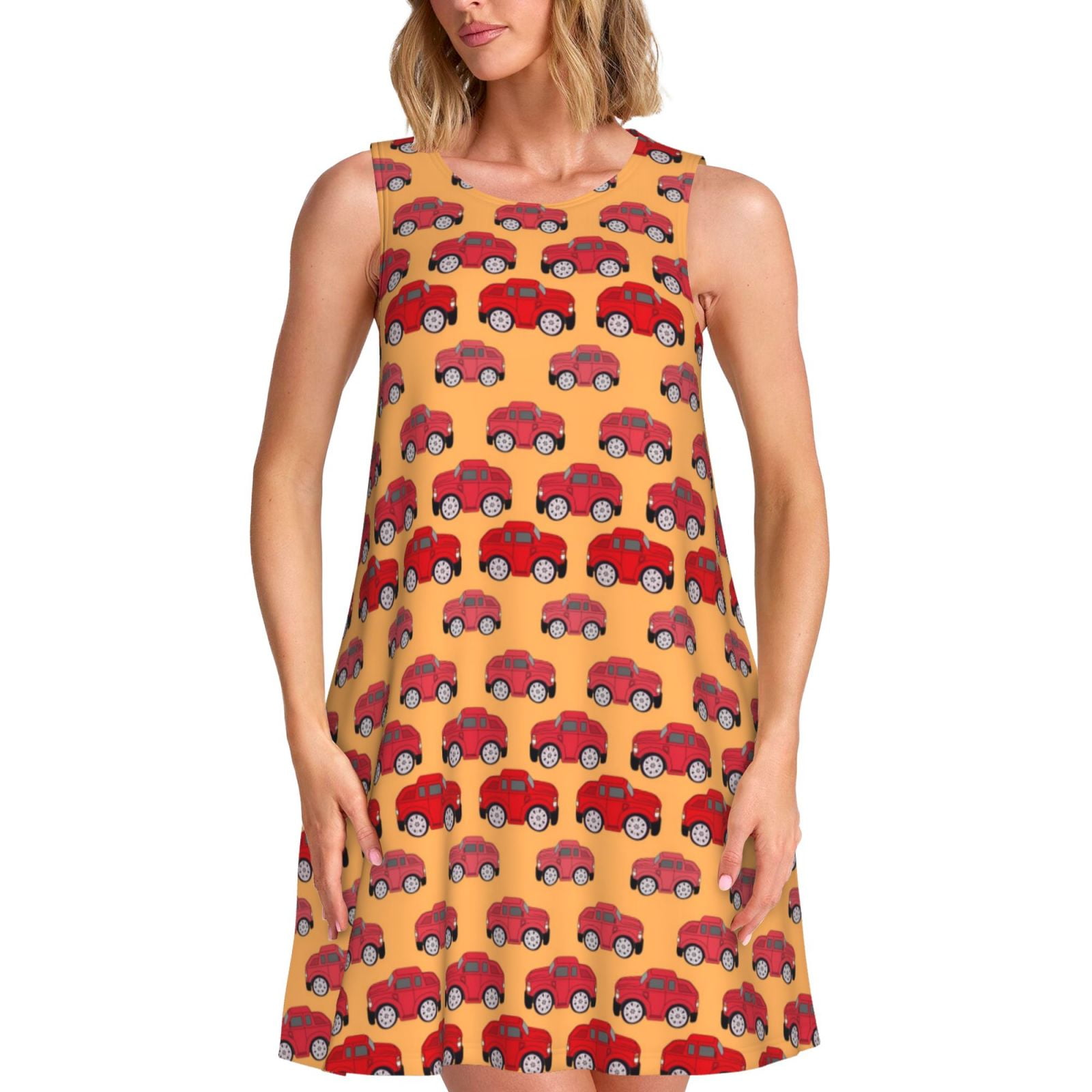 Fotbe Red Cars Pattern Women’s Summer Tank Midi Dress – Sleeveless A ...