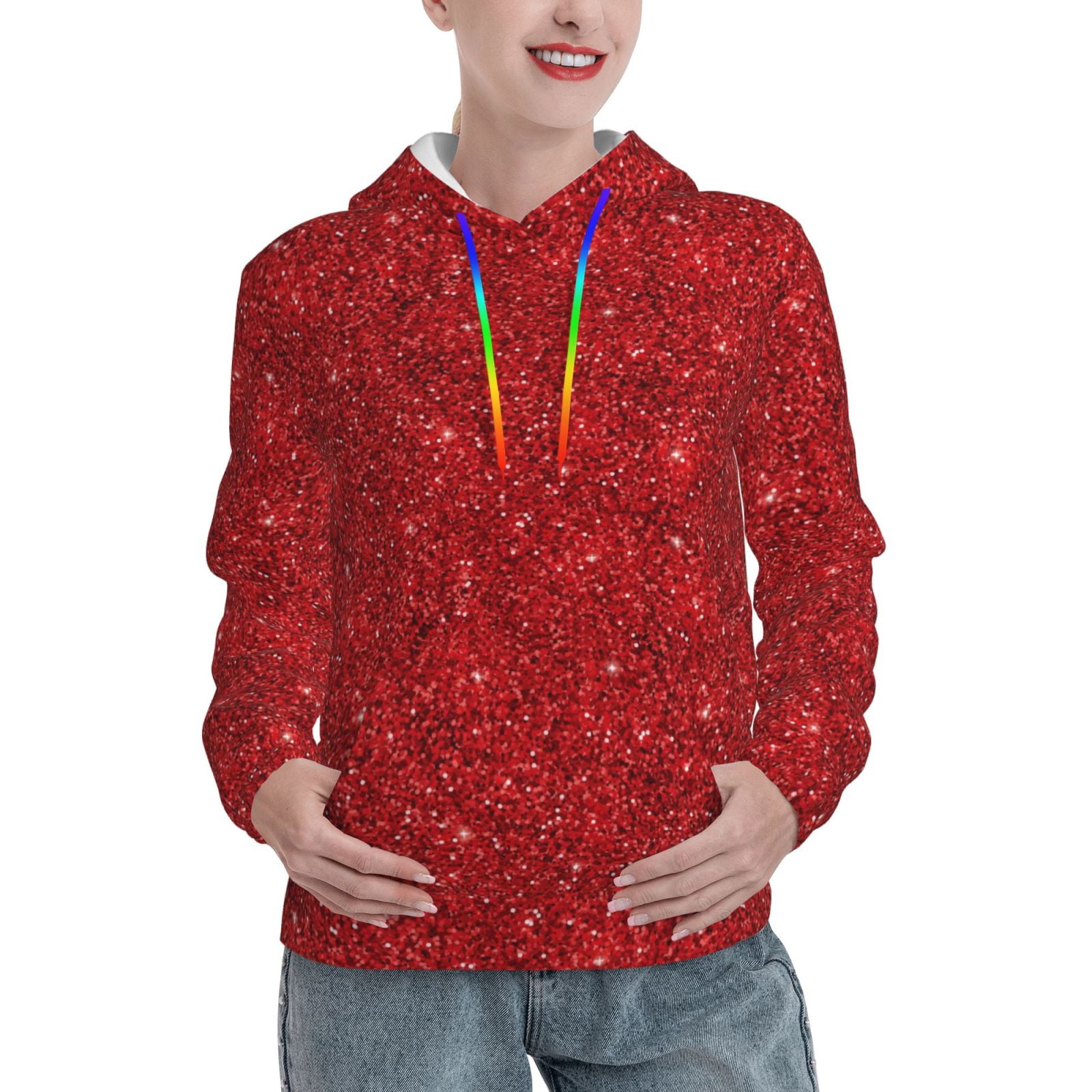 Fotbe Red Glitter Pattern Womens Long Sleeve Hoodie, Pullover Hooded ...