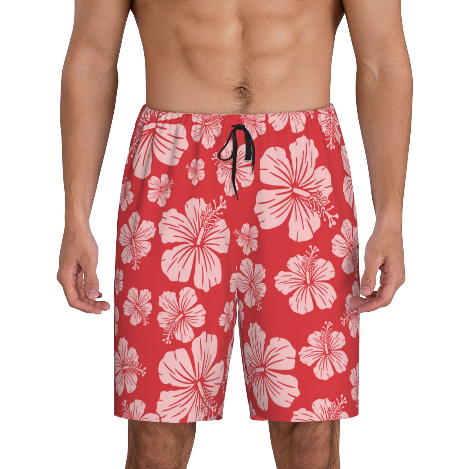 Fotbe Red Hibiscus Flower Pajama Shorts for Men, Men's Pajama Bottoms ...