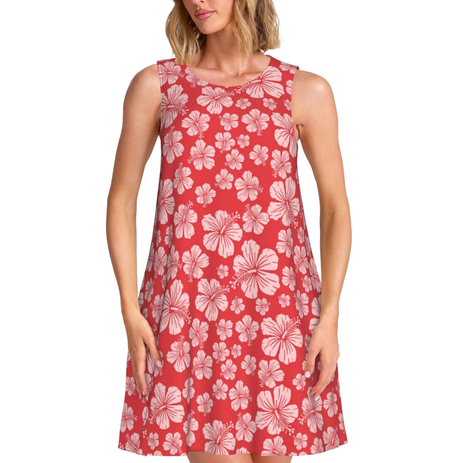 Fotbe Red Hibiscus Flower Pattern Women’s Summer Tank Midi Dress ...