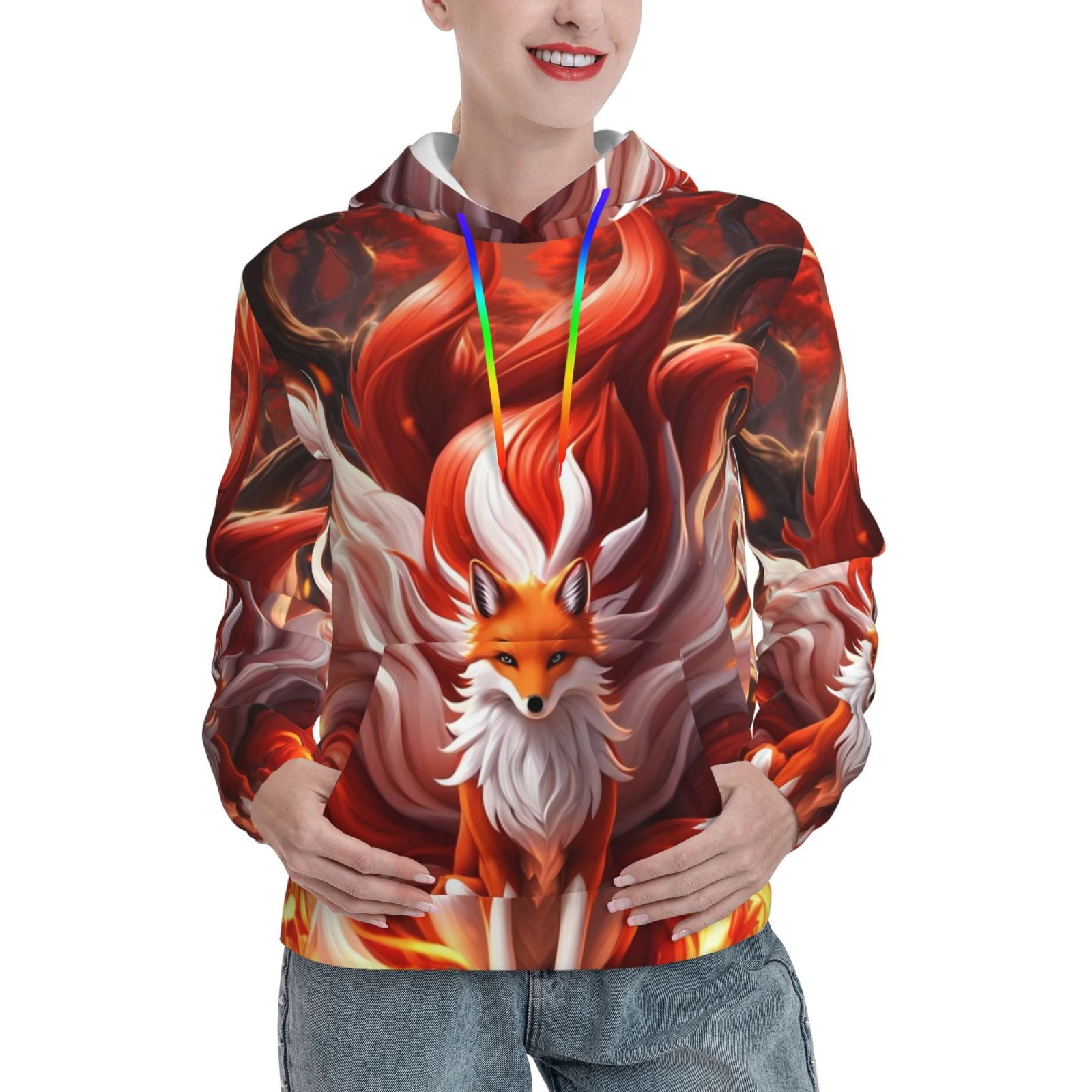 Fotbe Red Leaf Flame Fox Pattern Womens Long Sleeve Hoodie, Pullover ...