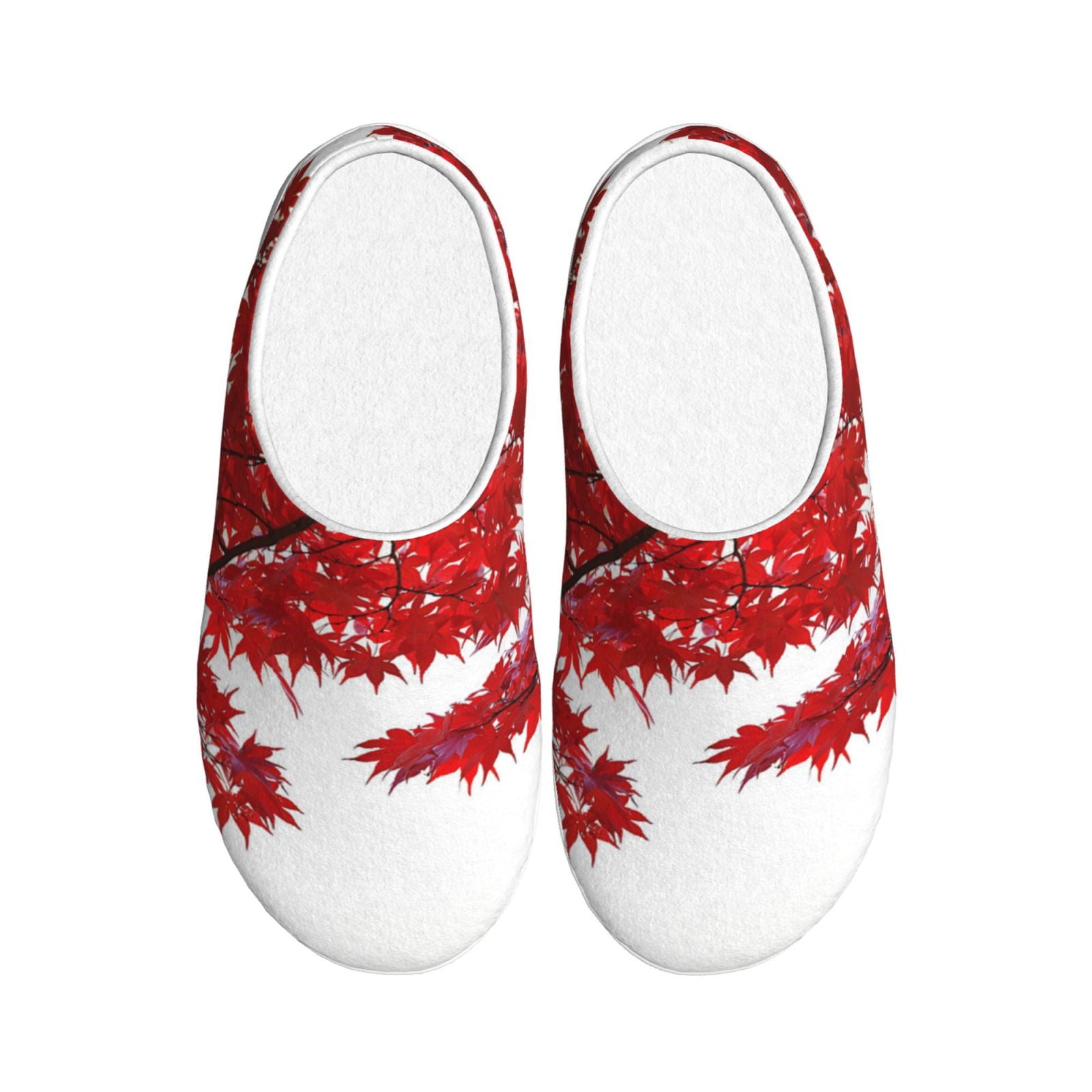 Fotbe Red Maple Leaf Pattern Women's Fuzzy Curly Fur Memory Foam Loafer ...