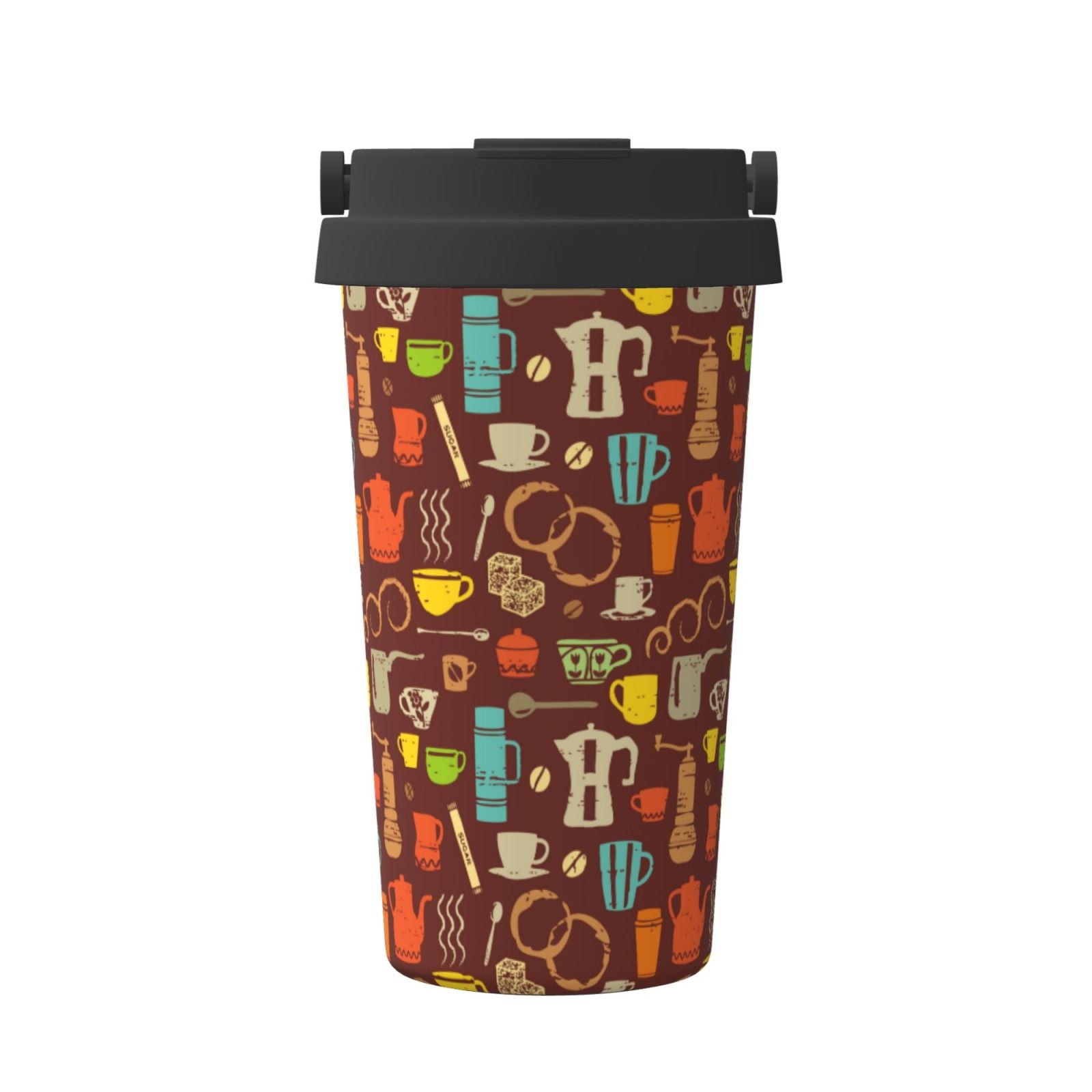 Fotbe Retro Coffee Printed Insulated Travel Coffee Mug Spill Proof Leak ...