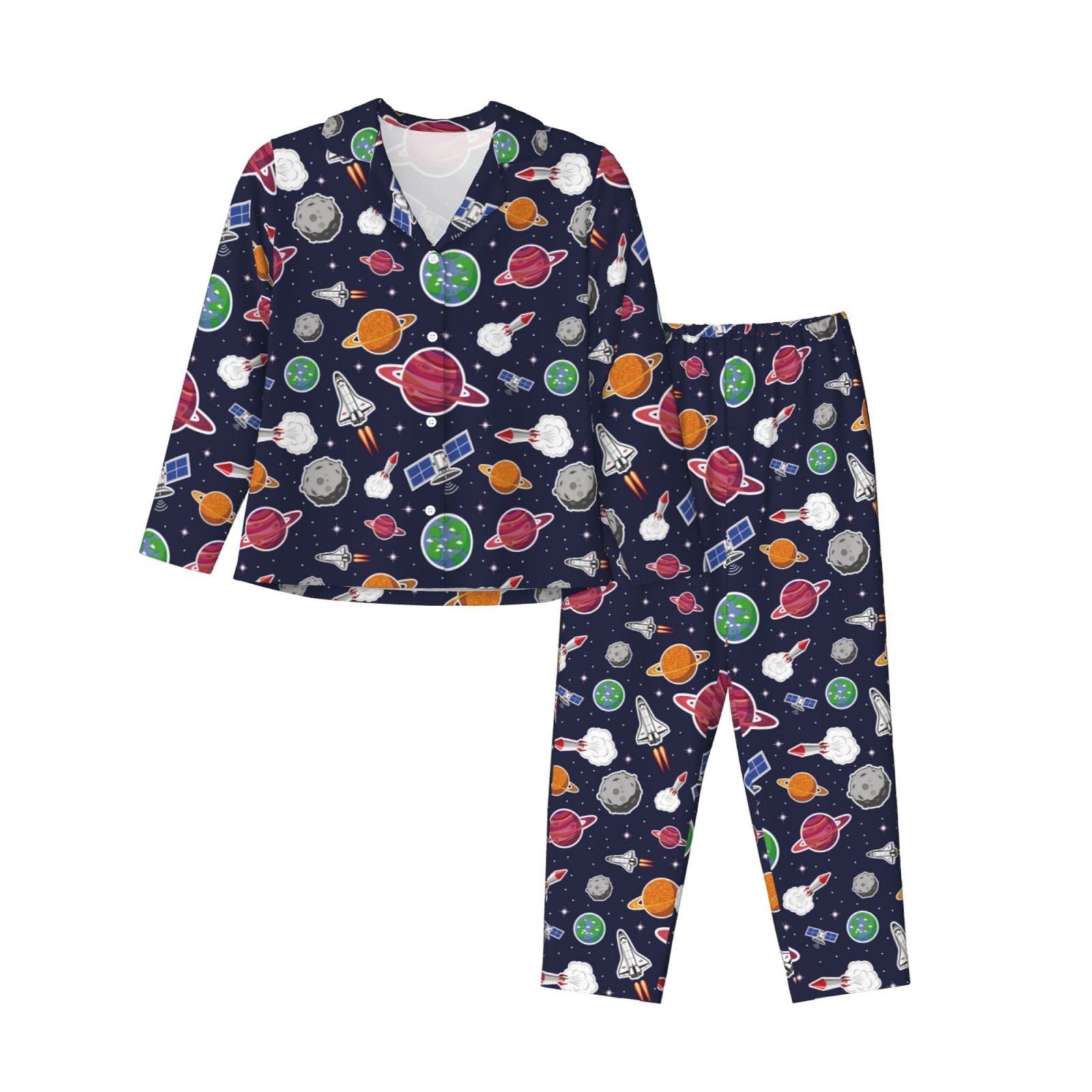 Fotbe Rocket Satellite Pattern Long Sleeve Pajama Set for Women ...