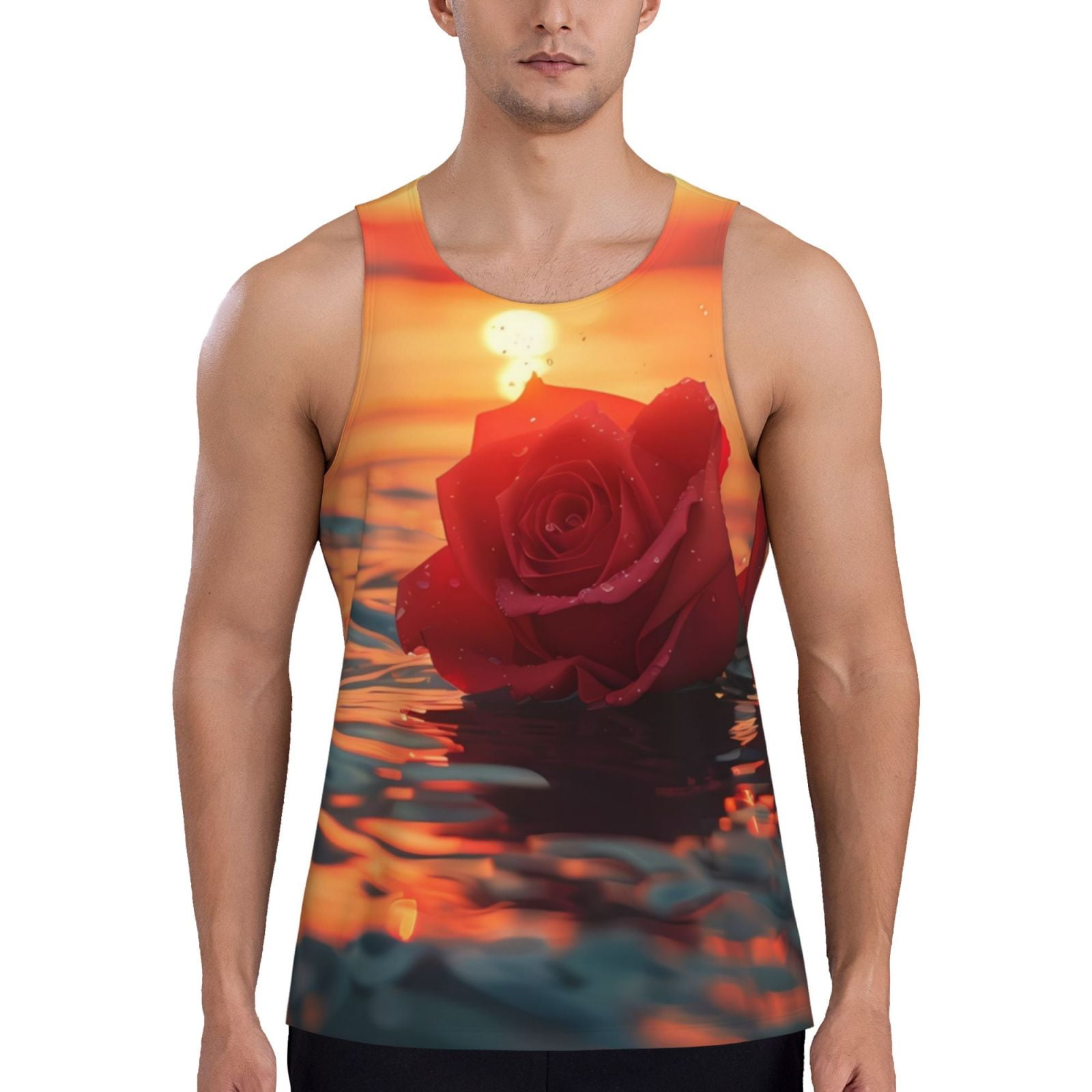 Fotbe Romantic Roses Sunset Ocean Pattern Men's Quick Dry Workout Tank ...