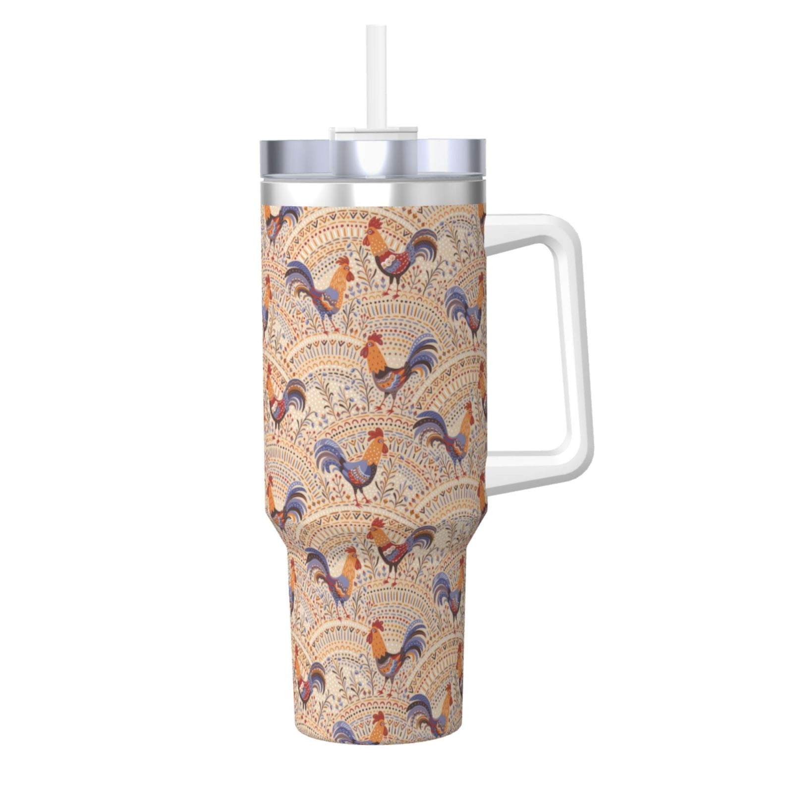 Fotbe Roosters In Floral Pattern 40oz Ice Bully With Handle And Straw ...