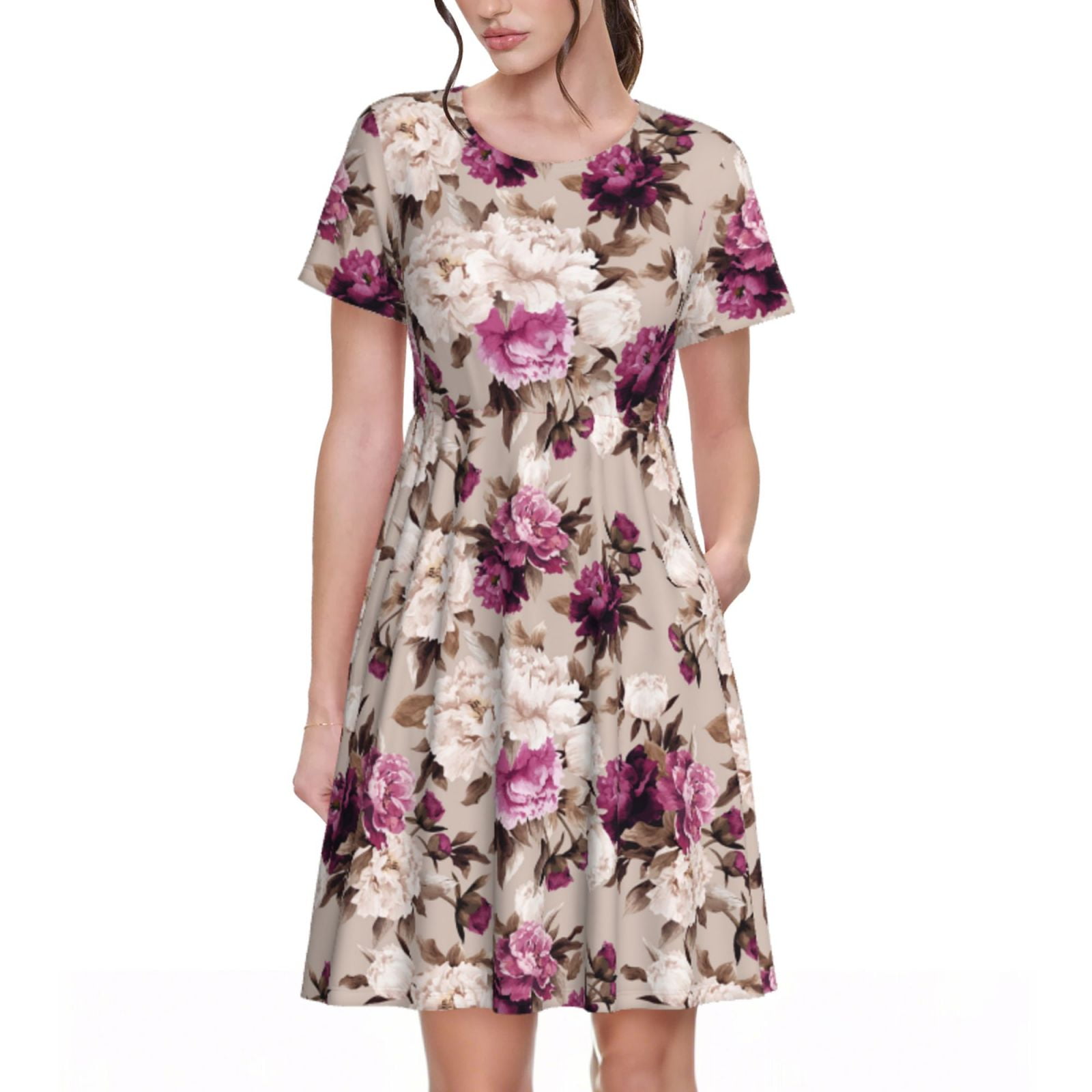 Fotbe Rose Flowers Pattern Dress Casual Womens Fashion Short Sleeve ...